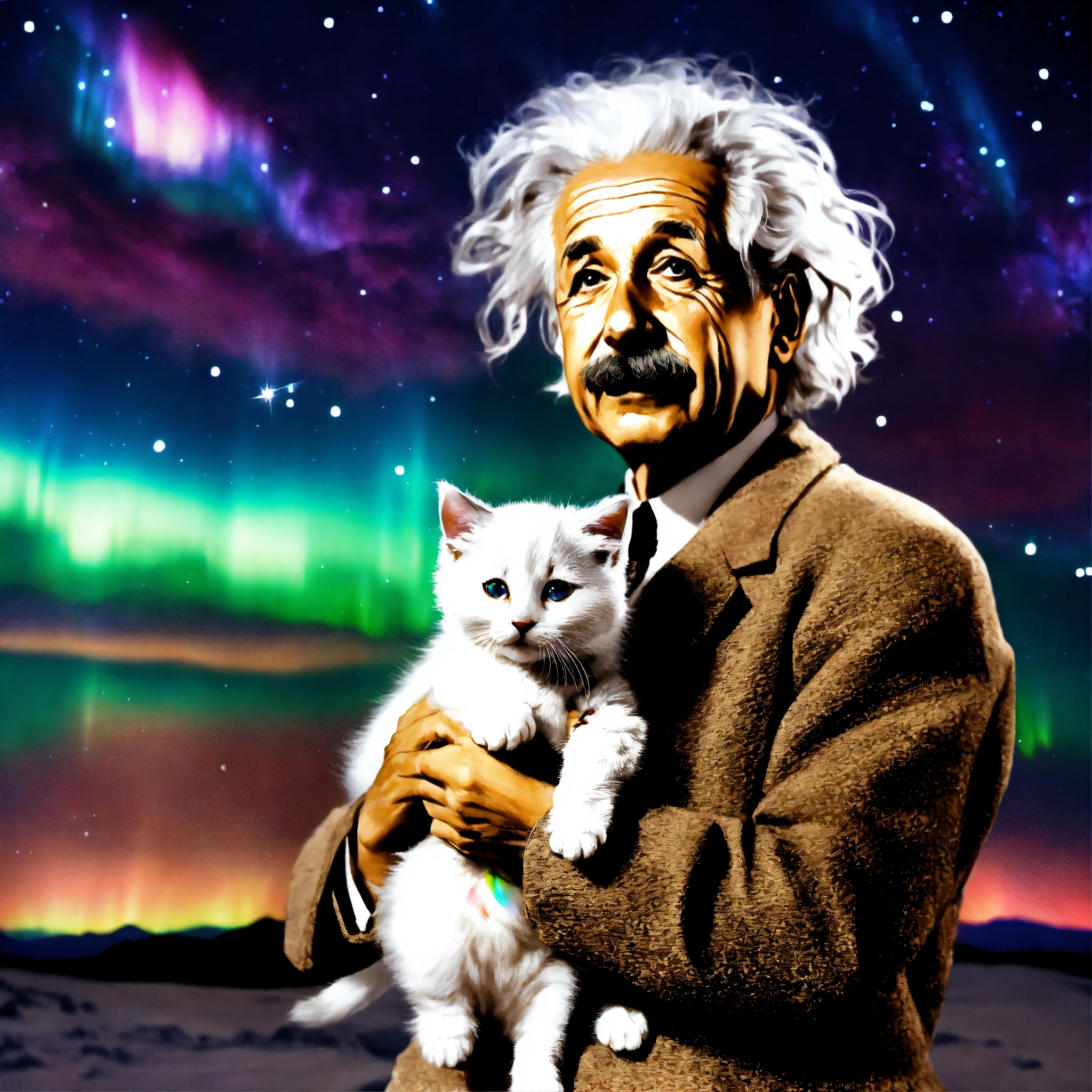 Lexica - Albert einstein holding a white cute kitten with aurora ...