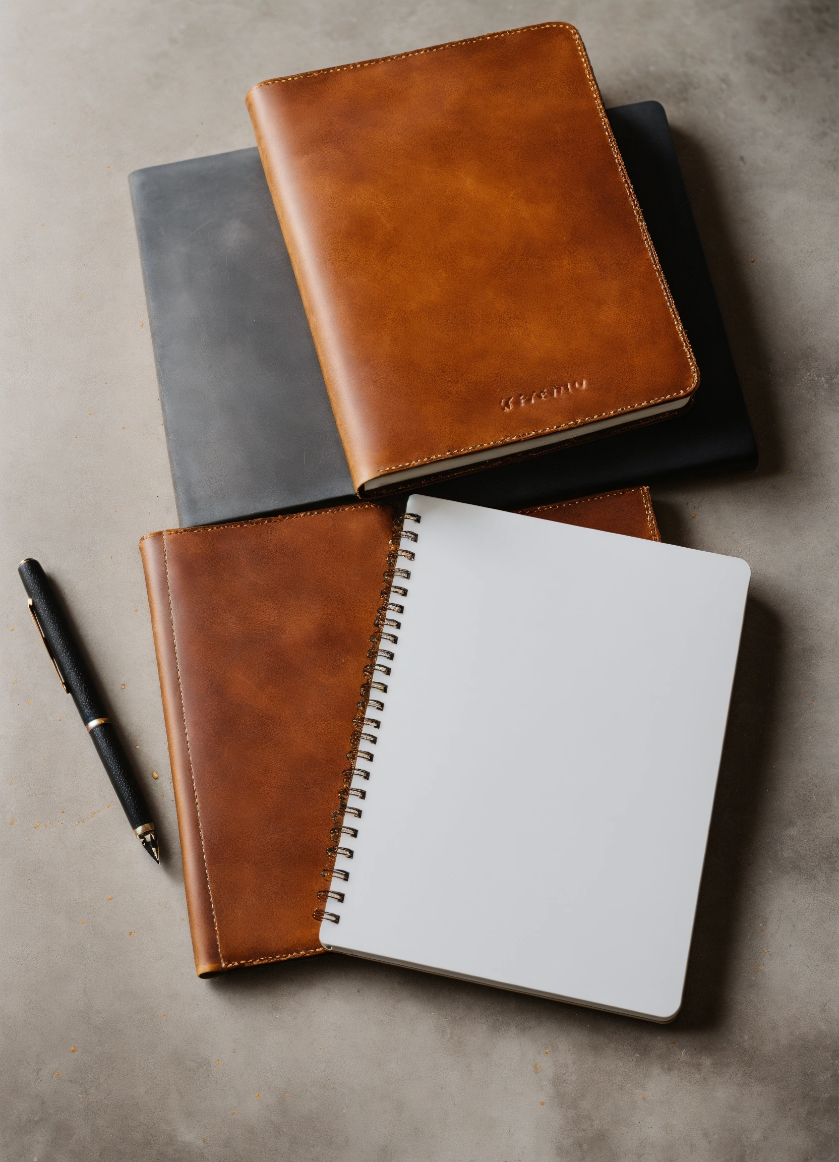 Lexica - Leather notebook with pen lying on a white table, top view ...