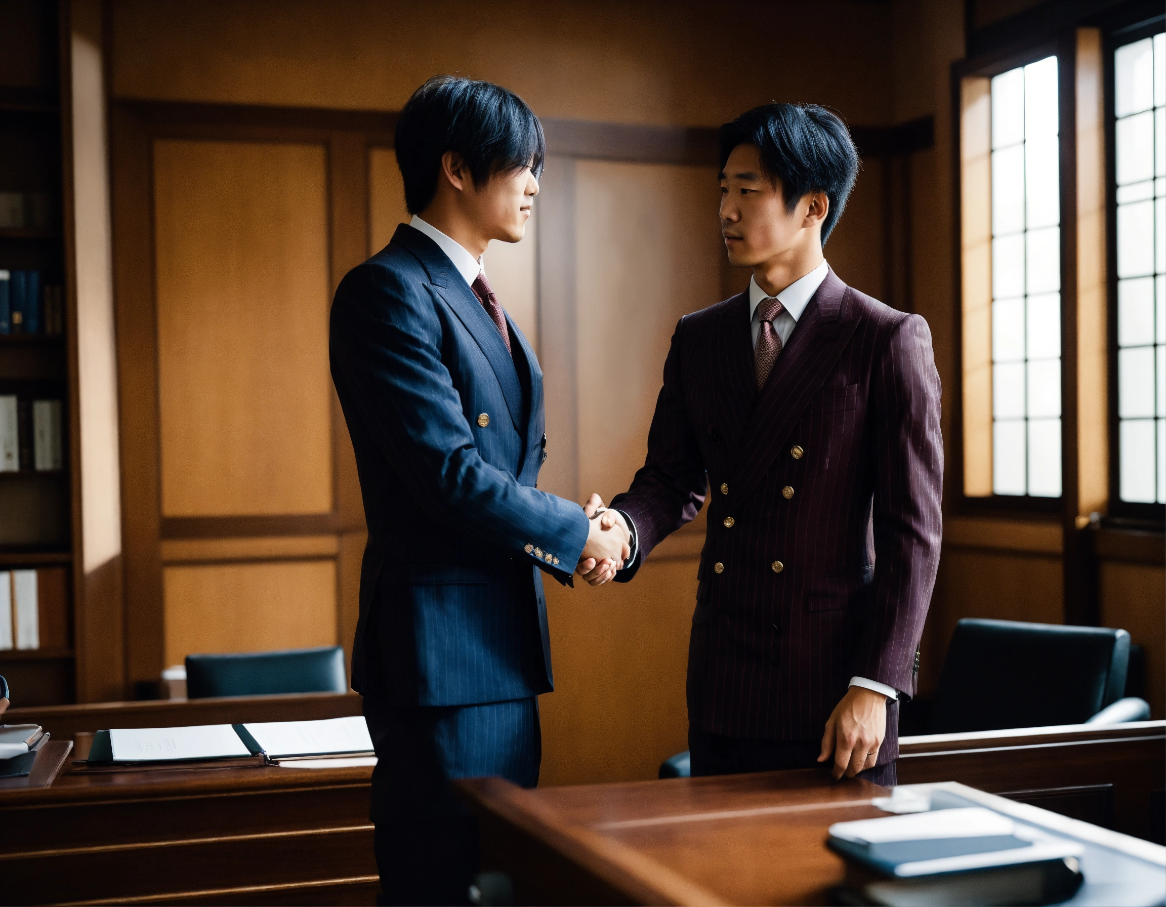 Lexica - Two young Japanese male lawyers in burgundy pinstripe double ...