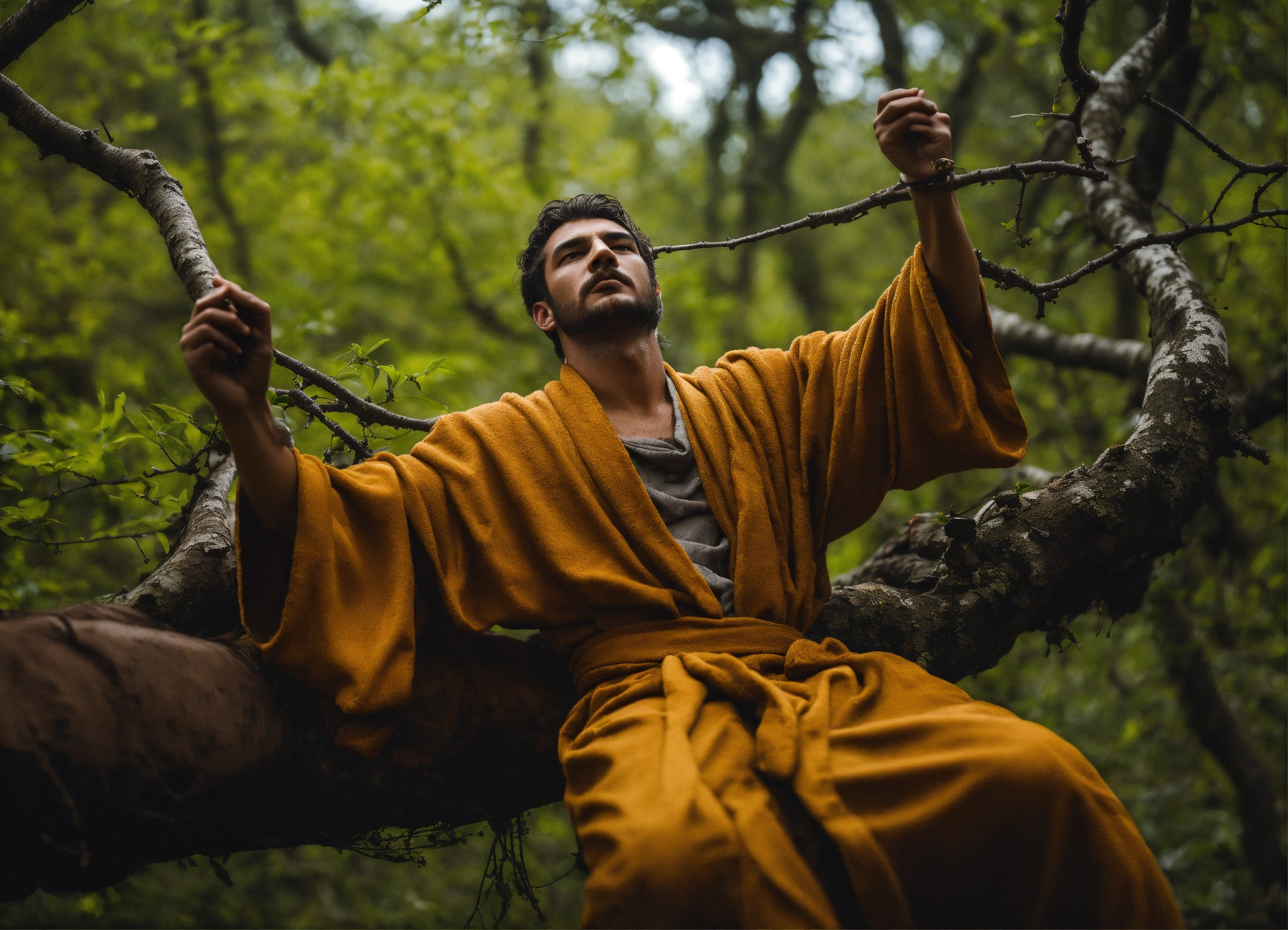 Lexica - A man, in dirty robes, laying on branches, sharp, realistic