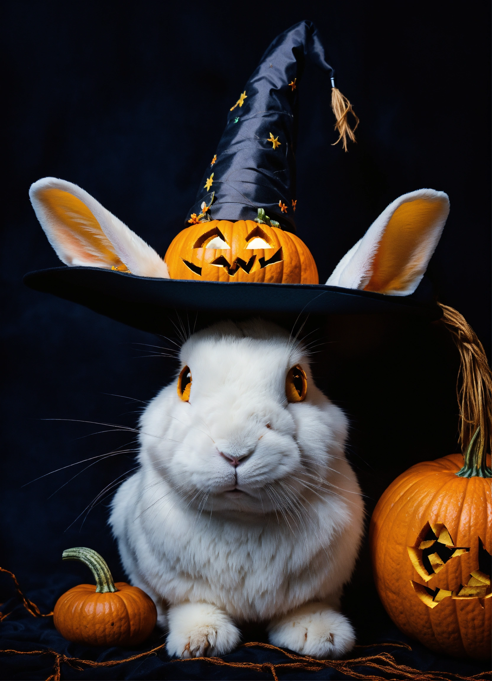 Lexica - Spooky white rabbit with orange eyes wearing a witches hat ...