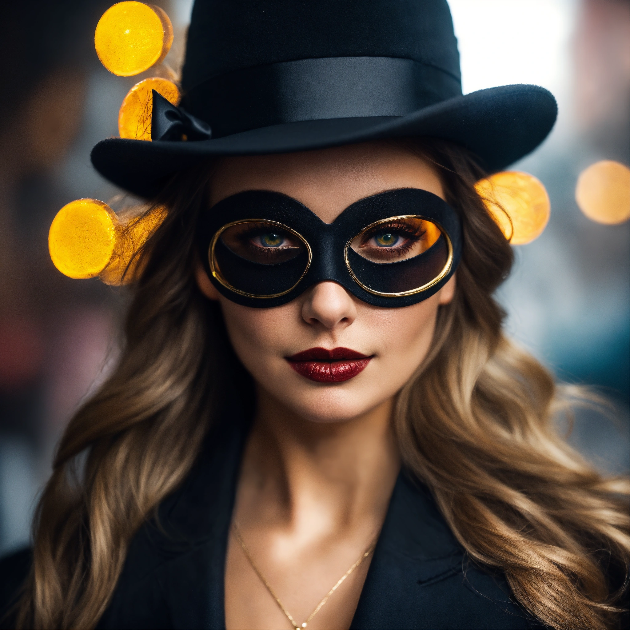 Lexica - Mafia boss lady mit einer Skimaske und Amber eyes.