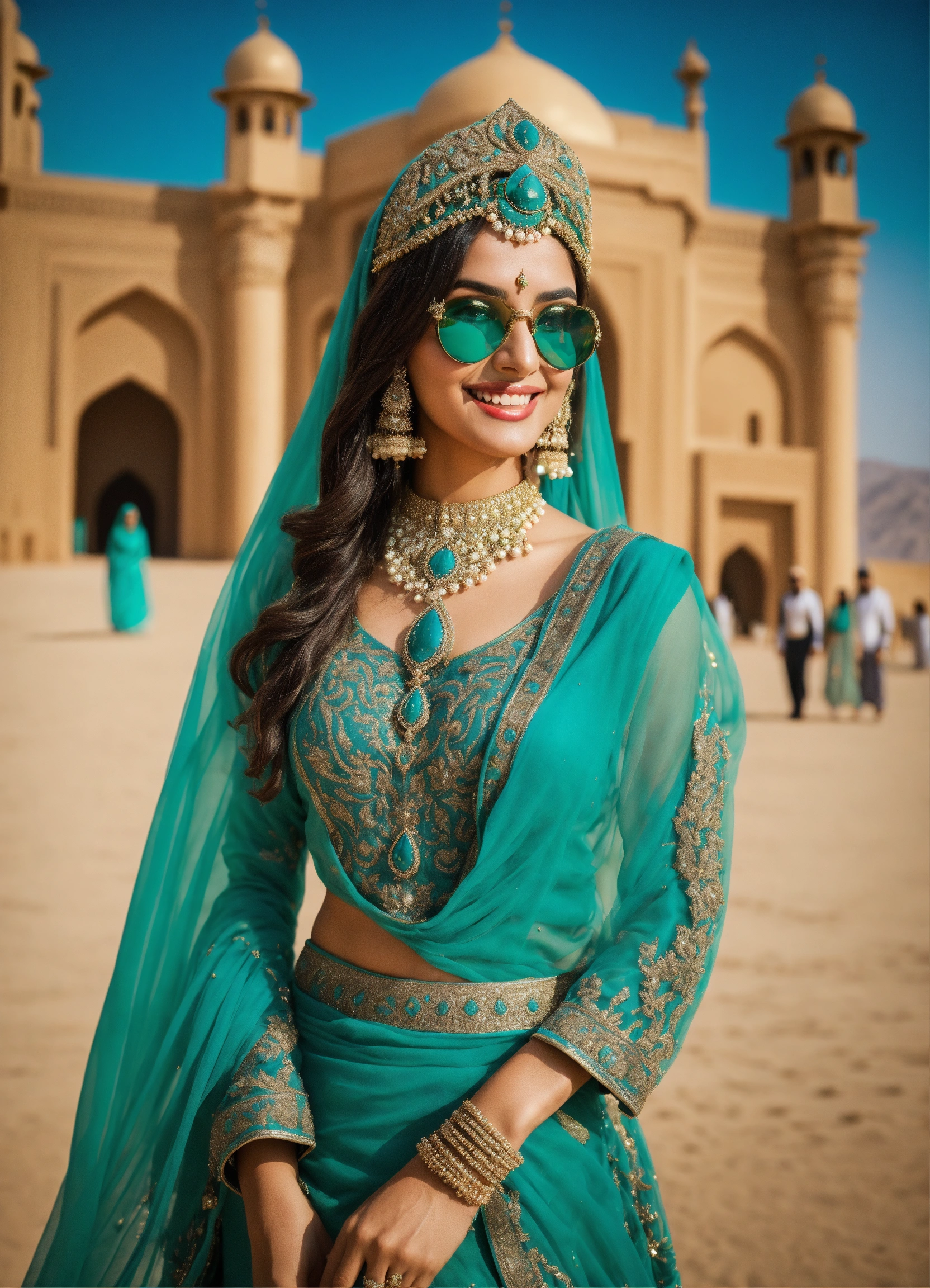 Lexica - Beautiful persian woman , standing in desert , royal palace ...