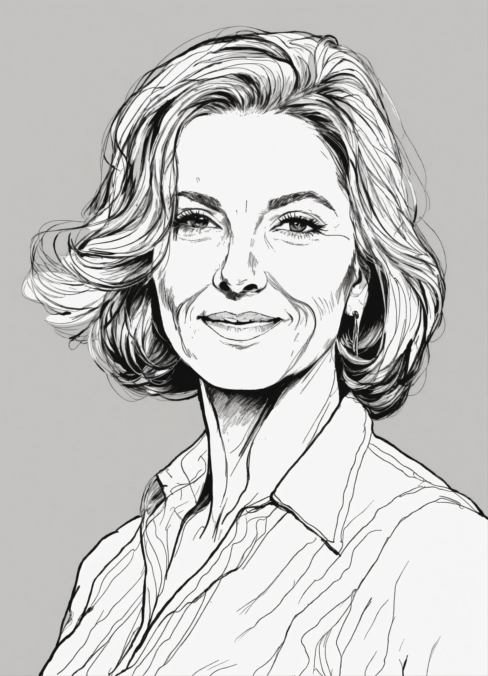 Lexica - Black and white line drawing, middle aged woman, upper body ...