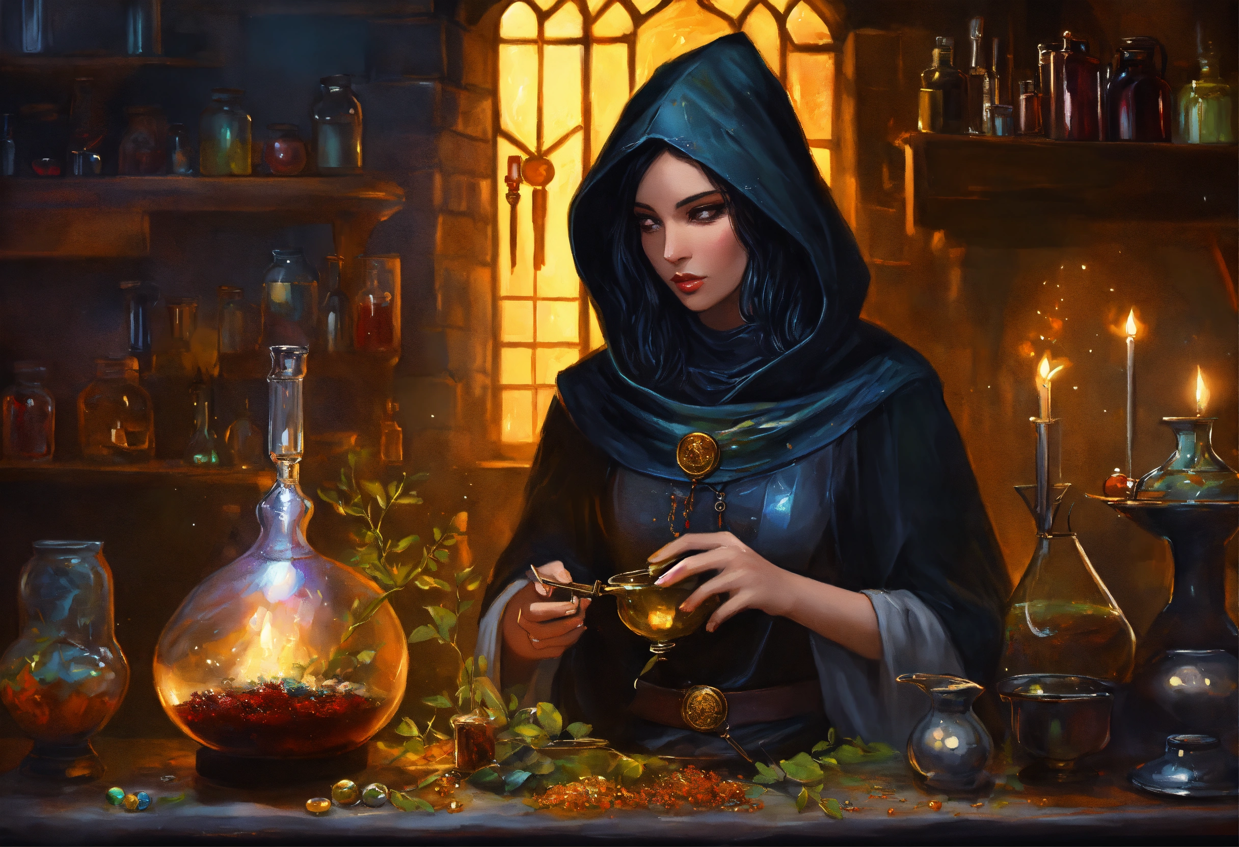 Lexica - Fantasy Painting, black haired black eyed in black cowl ...