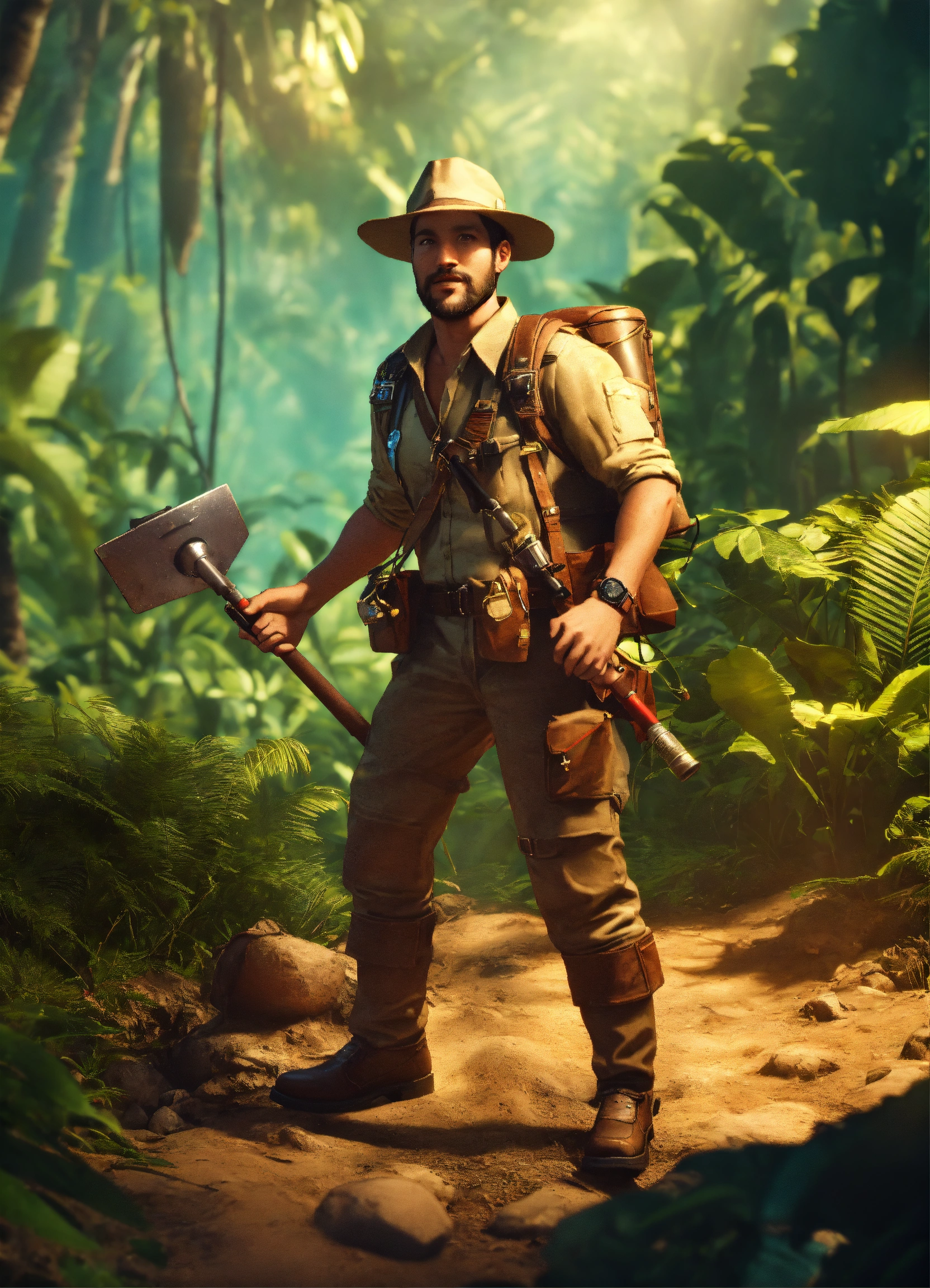 Lexica - A 35-years-old Treasure Hunter with a explorer hat and dressed ...