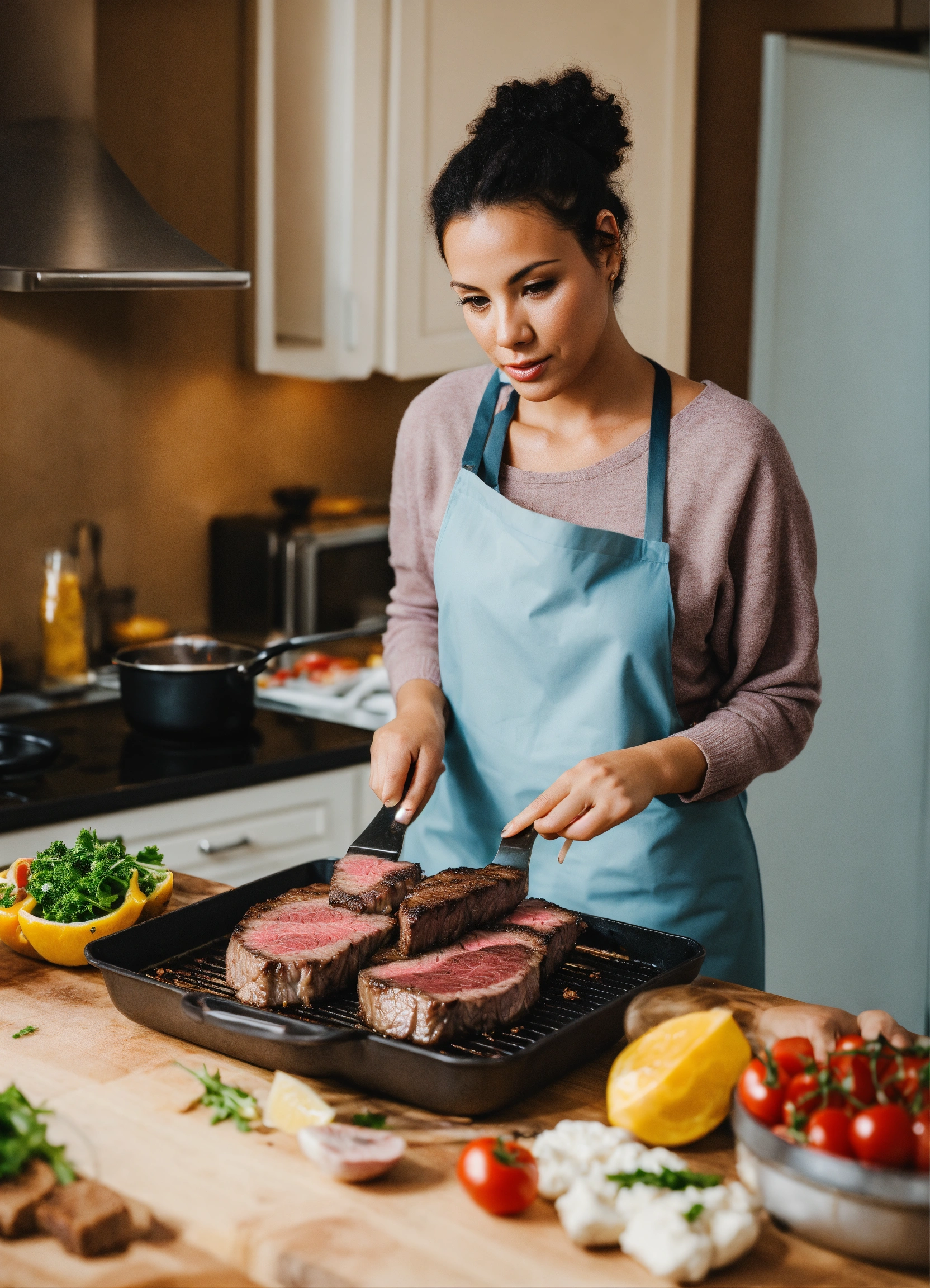 Lexica - Average looking woman cooking steaks facing the camera