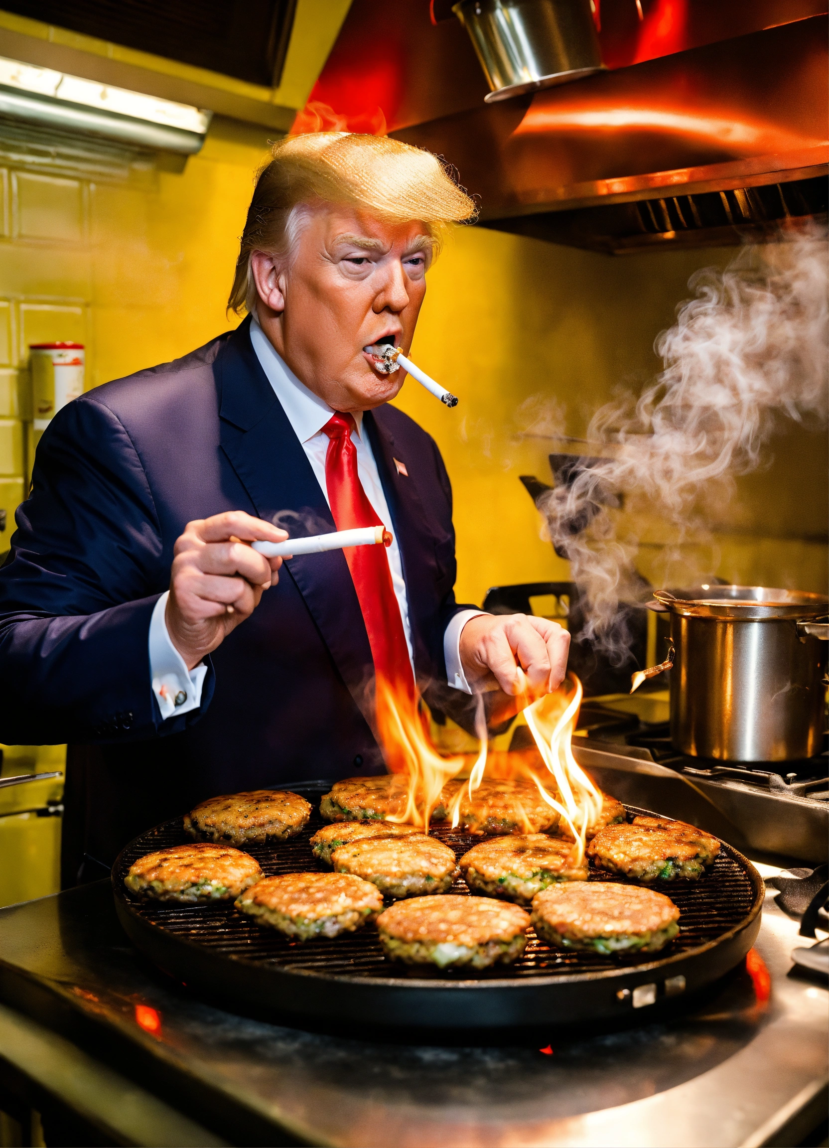 Lexica - Donald trump cooking burgers on a hot plate. half smoked ...