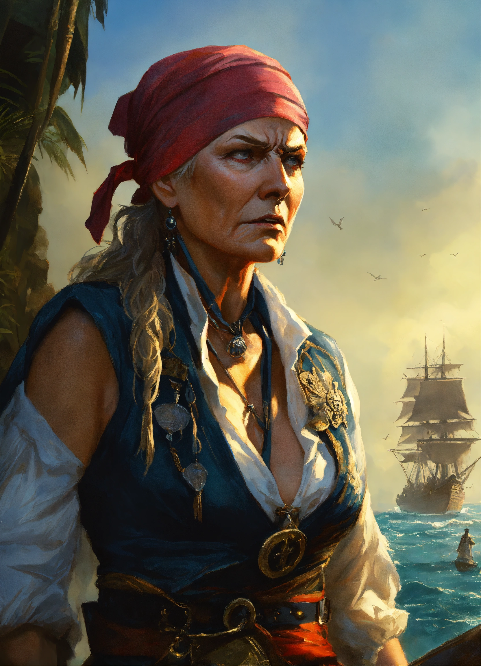 Lexica - Half body shot, juli dench as an Old veteran female pirate ...