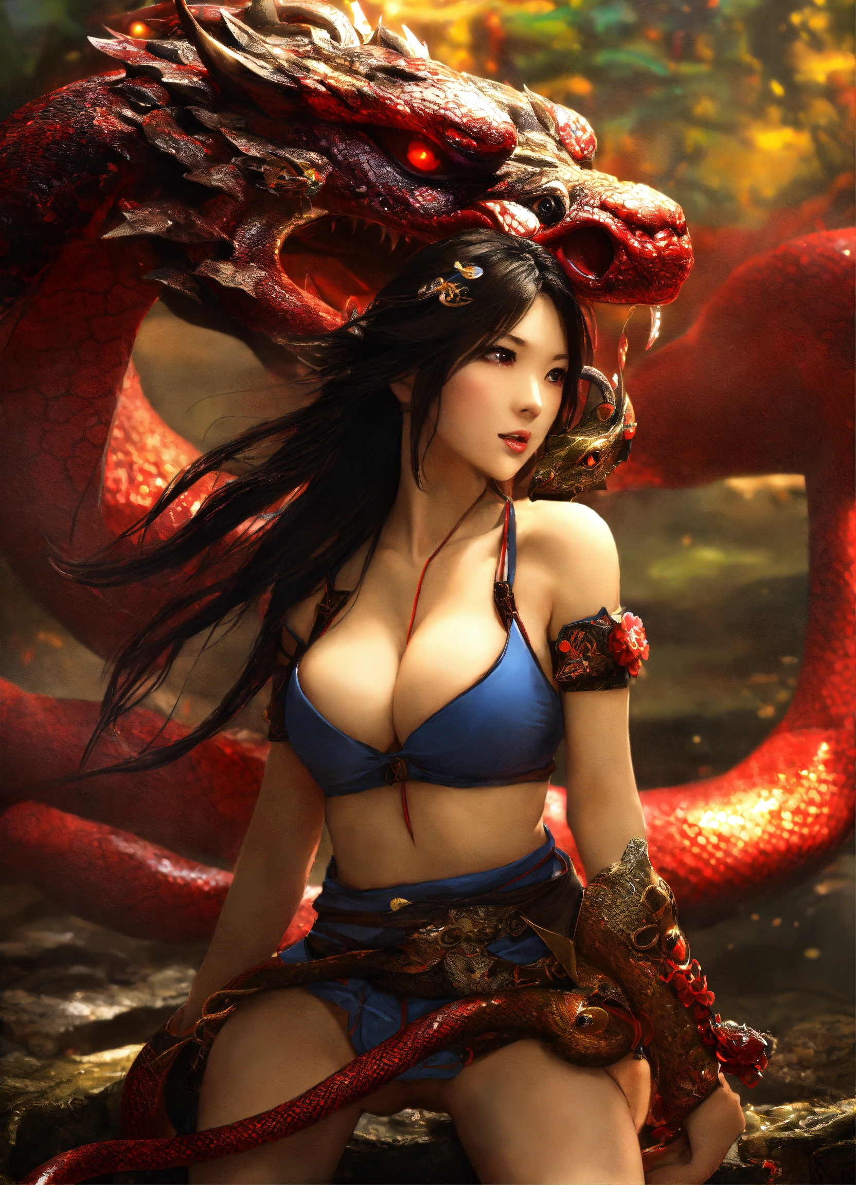 Lexica - Girl Asia fantasy Japan dynamics fights the demon snakes 8к