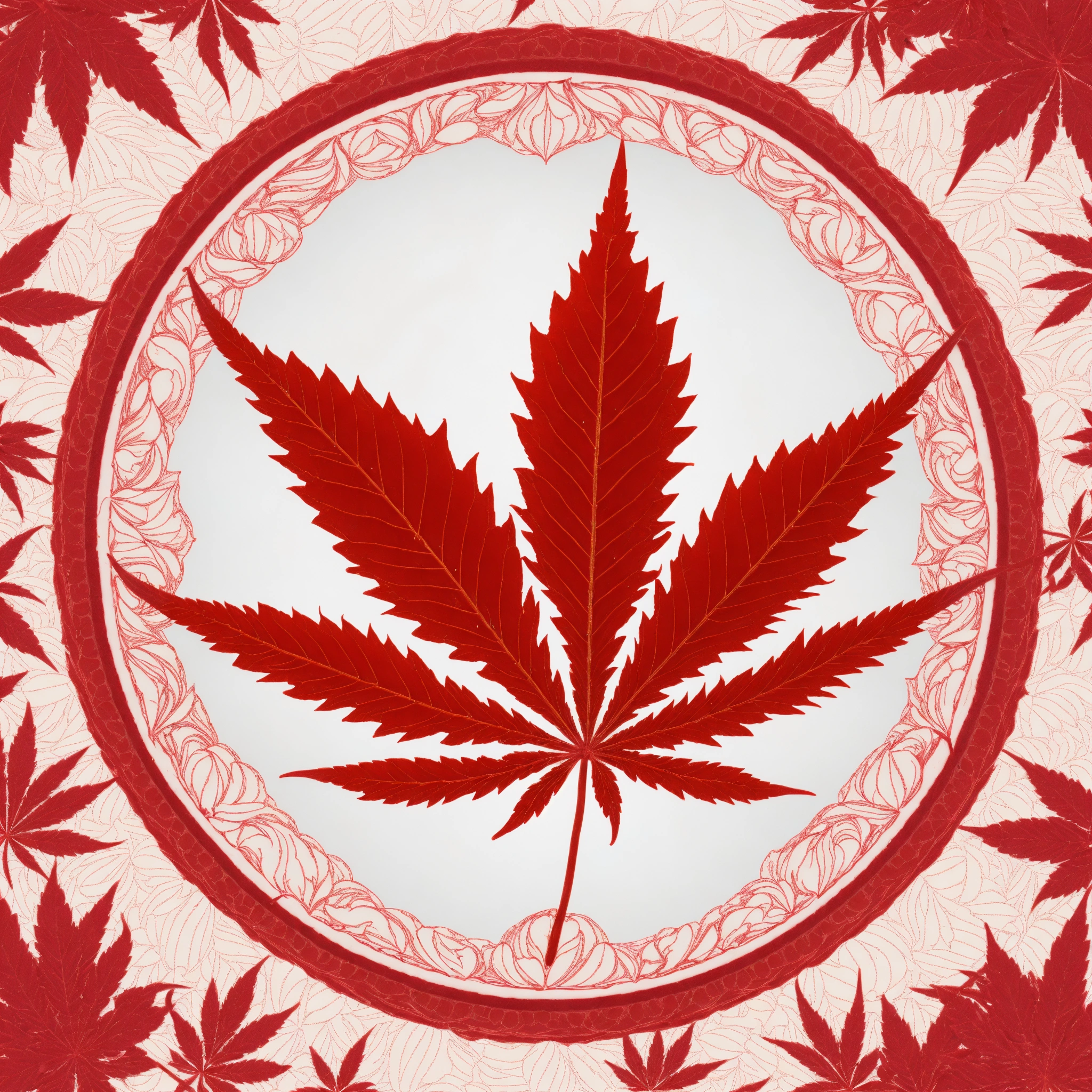 Lexica - Beautiful red marijuana leaf in center on white background and round frame