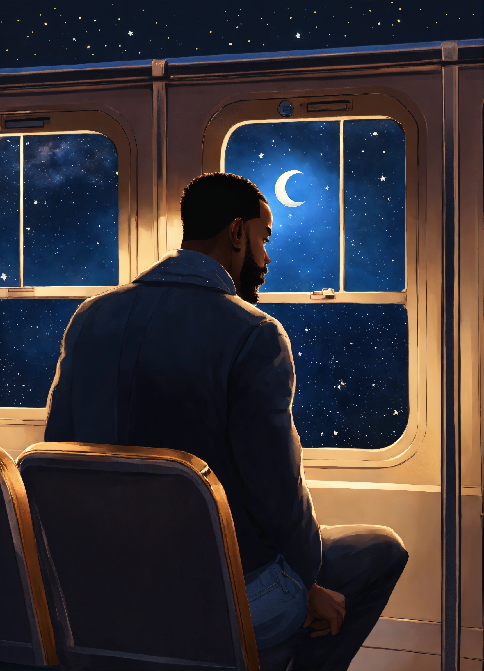 Lexica - Realistic style. On a train we see from behind a black man ...