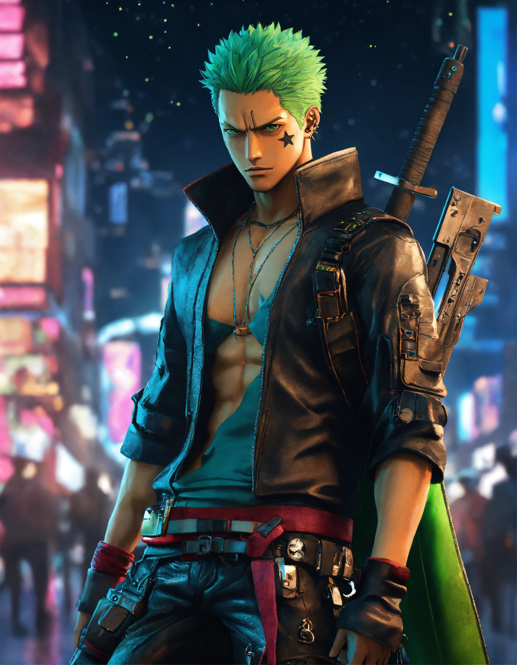 Lexica - Generate a modern-day cyberpunk version of Zoro from One Piece ...