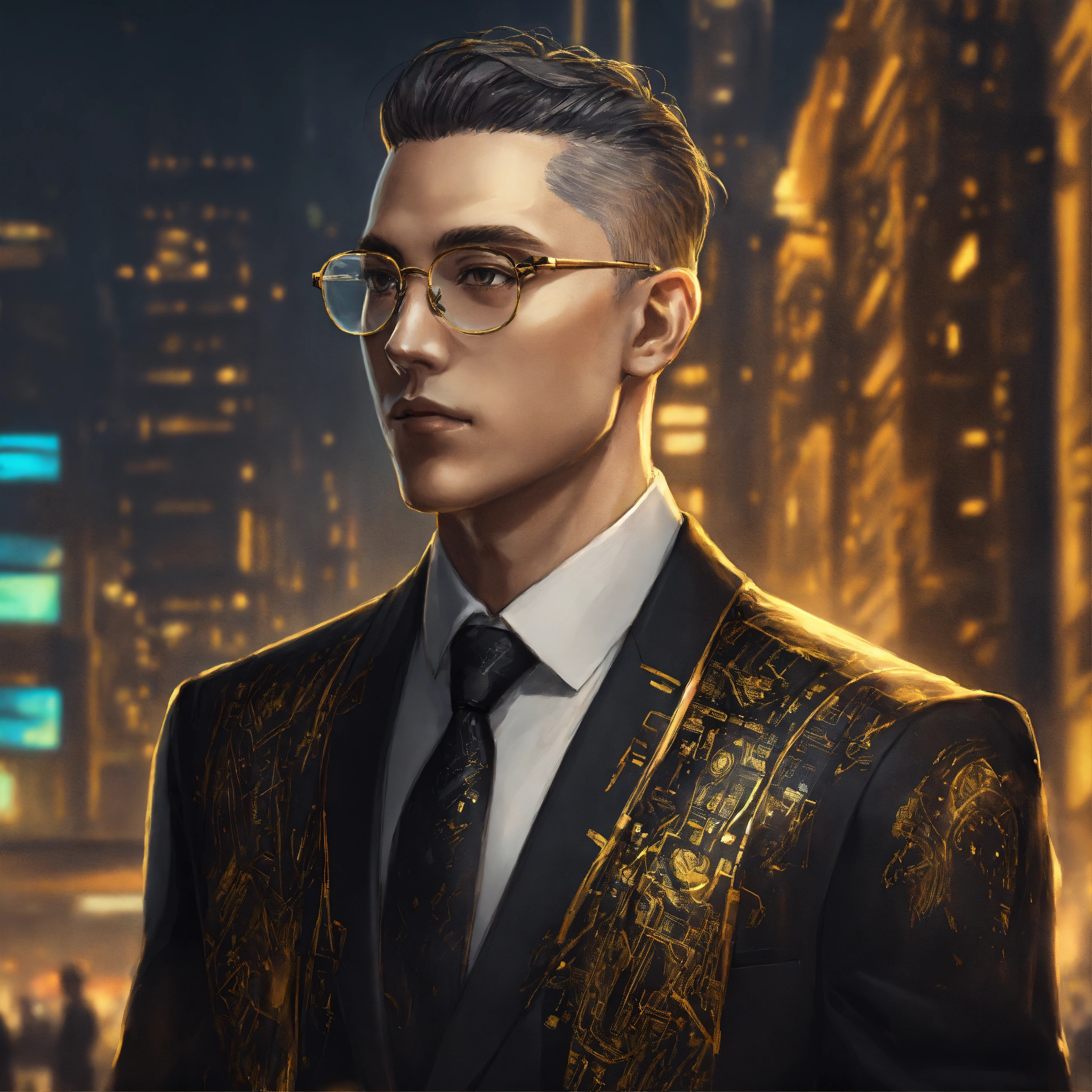 Lexica - Pale cyberpunk executive with glasses in a fancy black suit ...