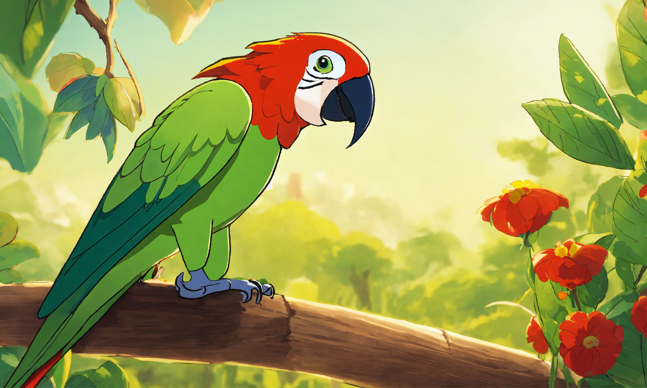 Lexica - Green parrot with a red beak in a garden, style of Donald ...