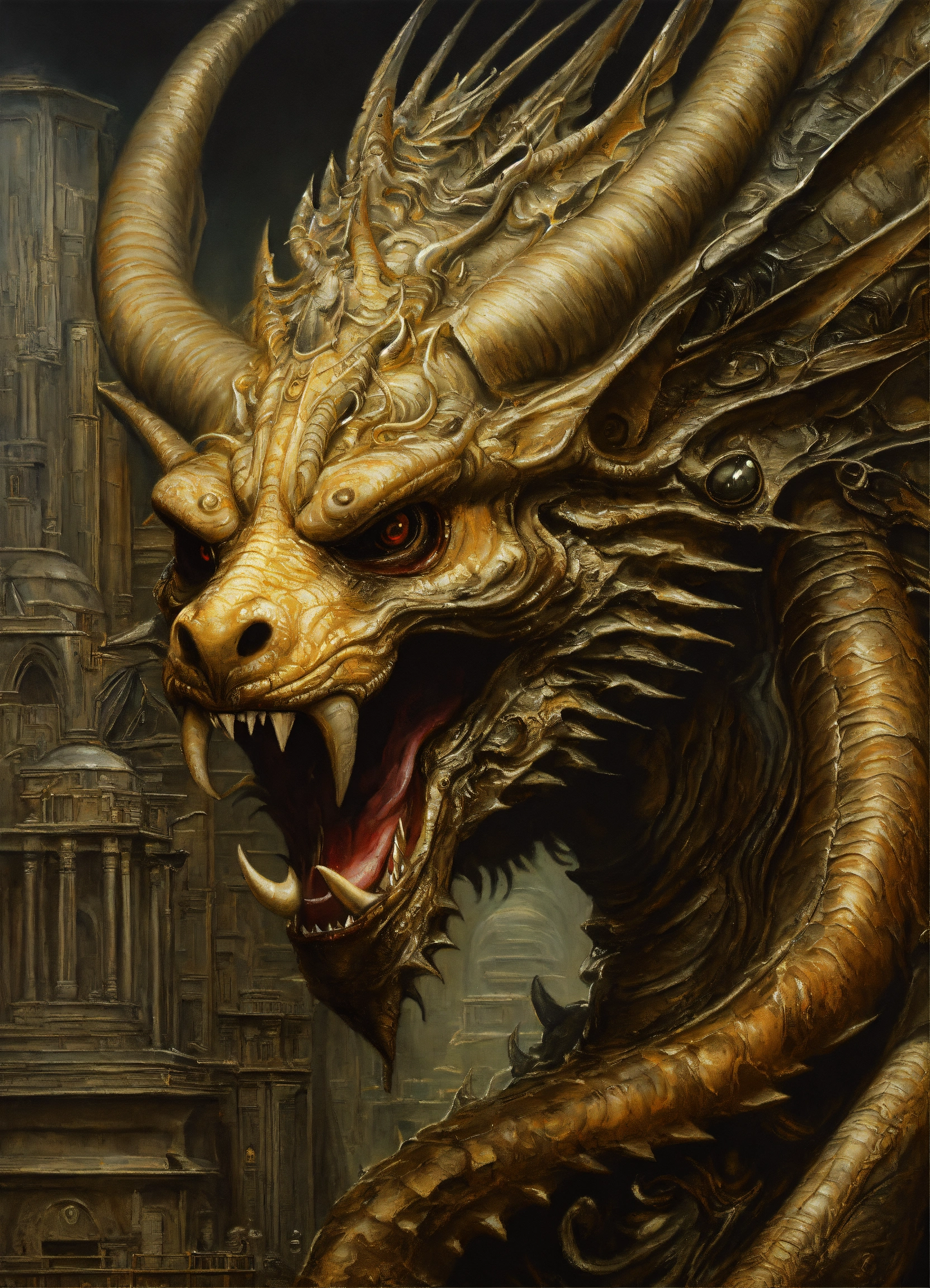 Lexica - An oil painting by H.R. Giger of a terrifying chimera, the ...