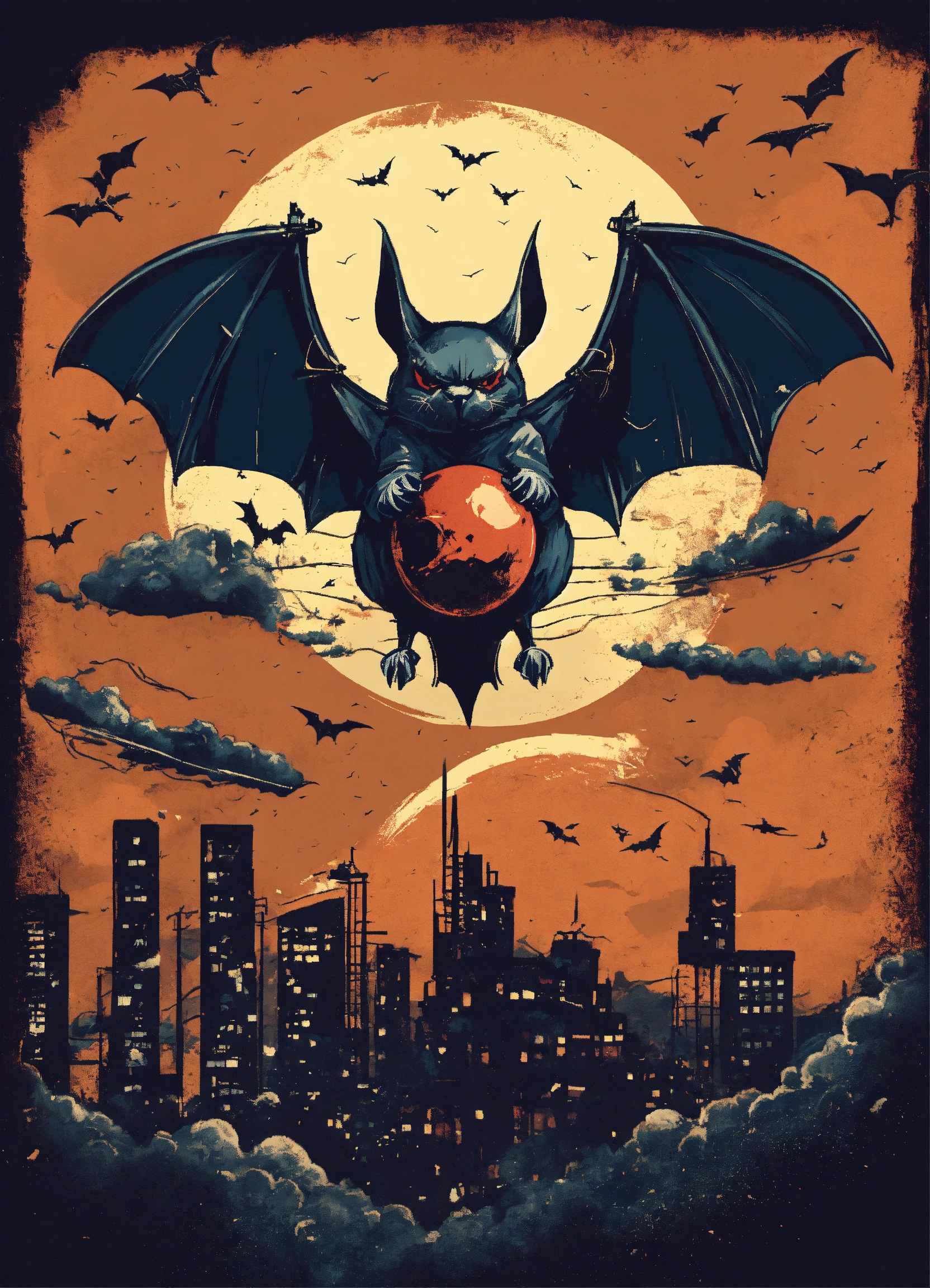 Lexica - T-shirt design, aggressive flying bat with bomb, dark sky