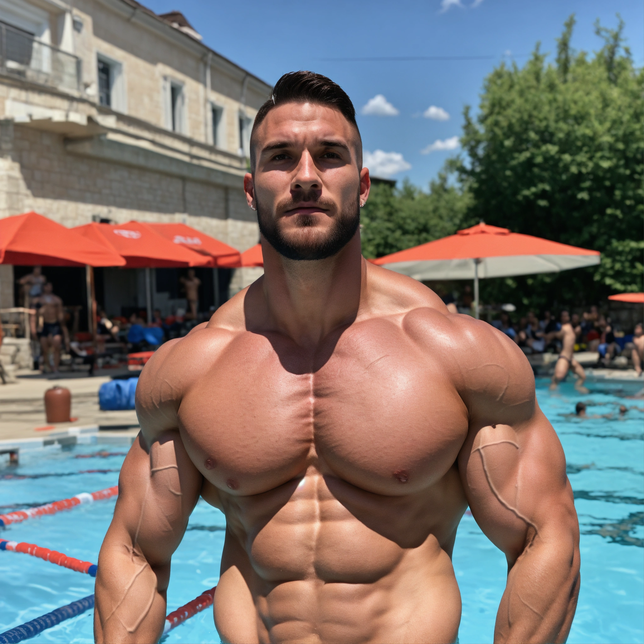 Lexica - 30-year-old man with big muscles, big bodybuilder, body like a wrestler, in a pool, serbian
