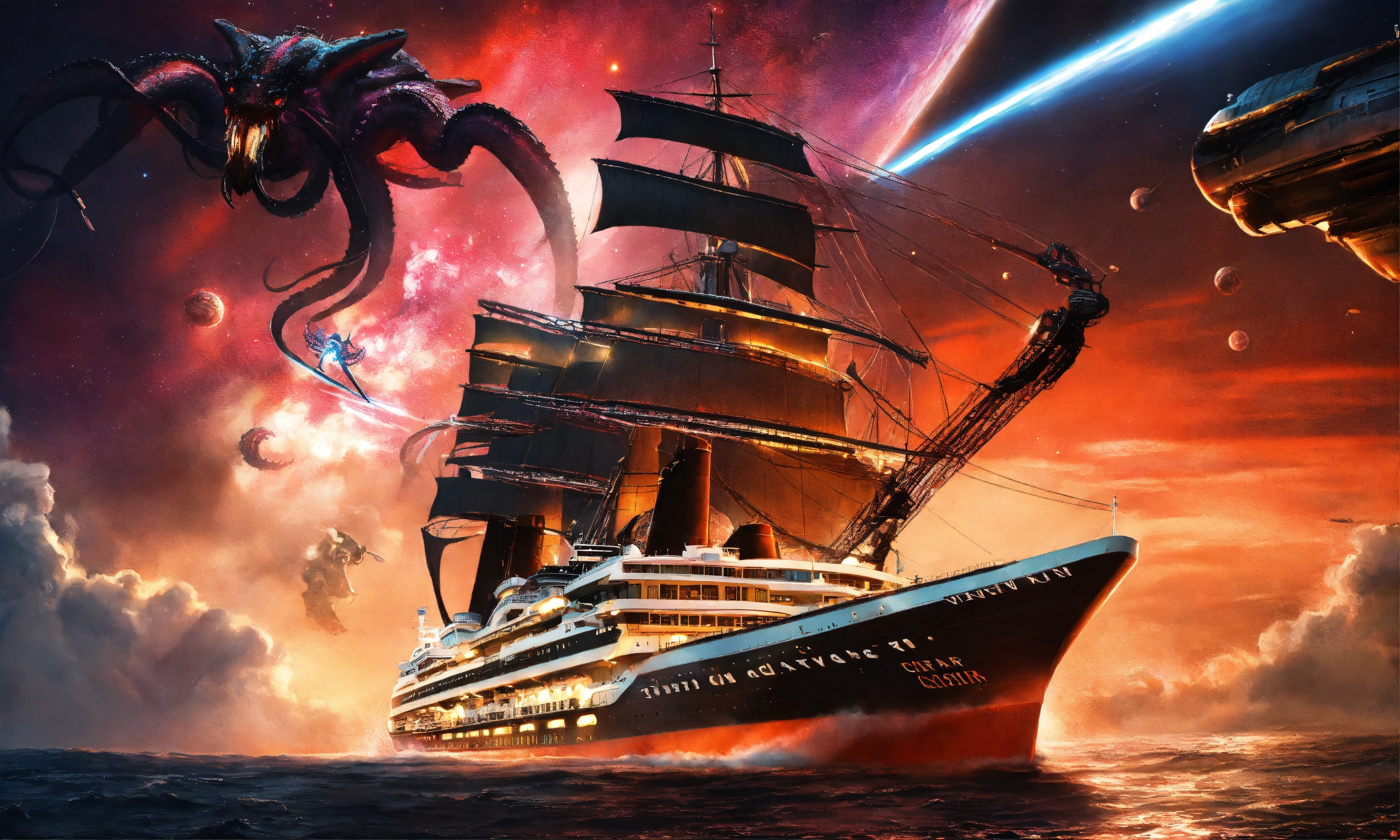 Lexica - Space kraken attacking cruiseship in space, movie poster. The ...