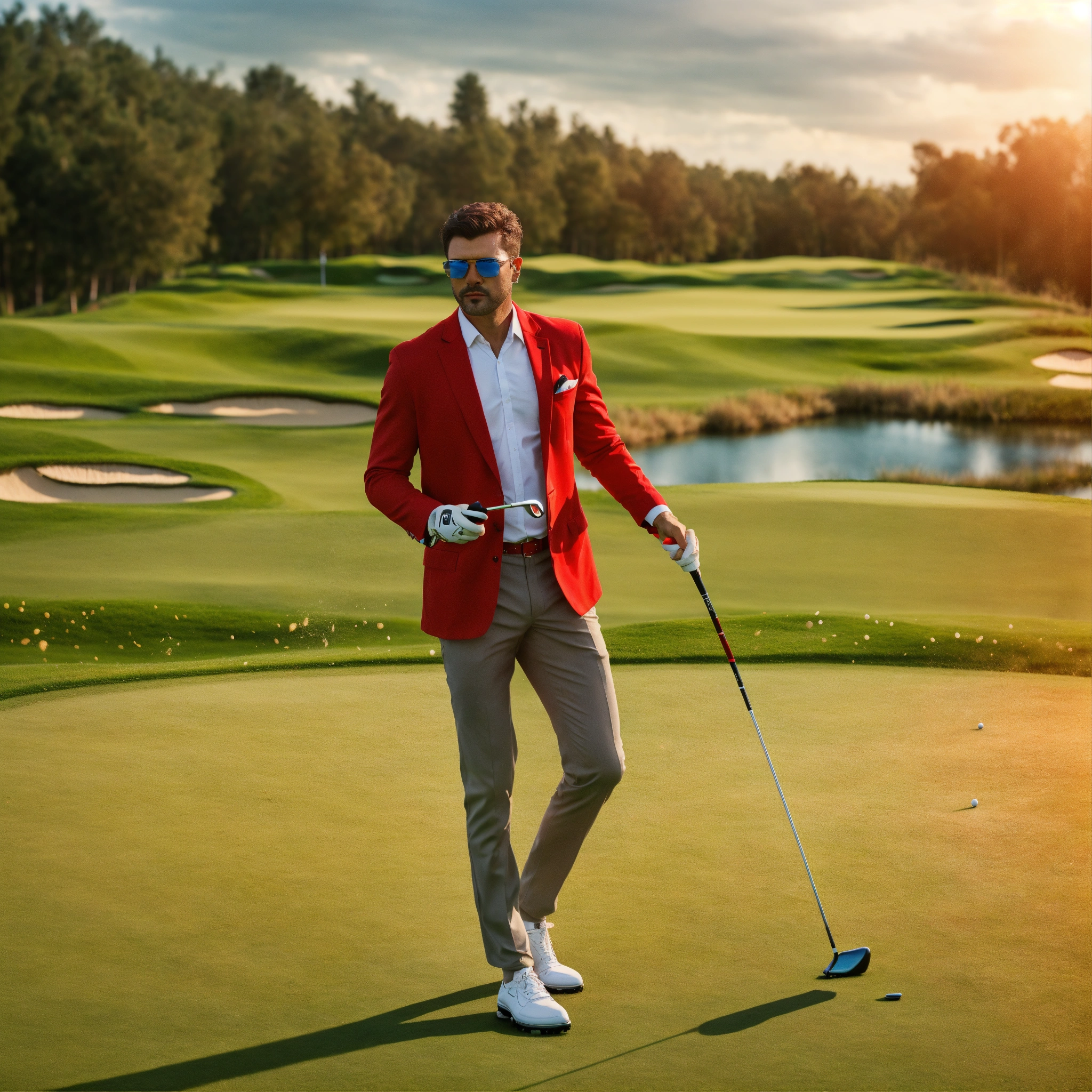 Lexica - 4k hd ultra realistic man red blazer, sunglasses. Holding golf ...