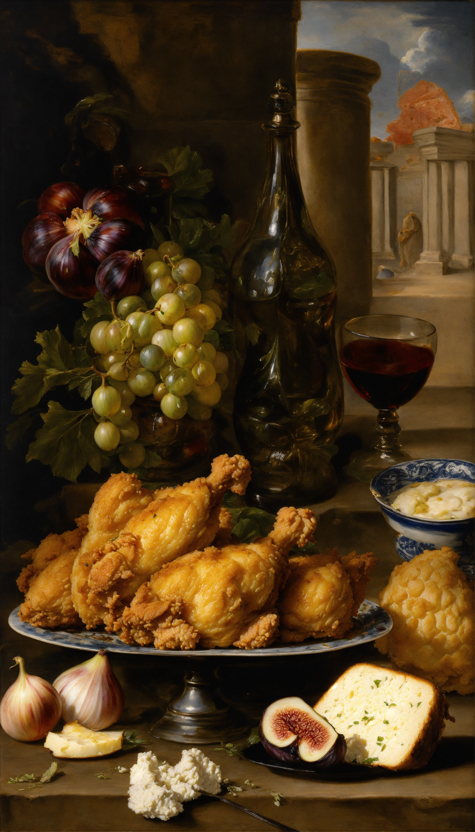 Lexica - Still life with fried chicken, cheeses, onions and figs by ...