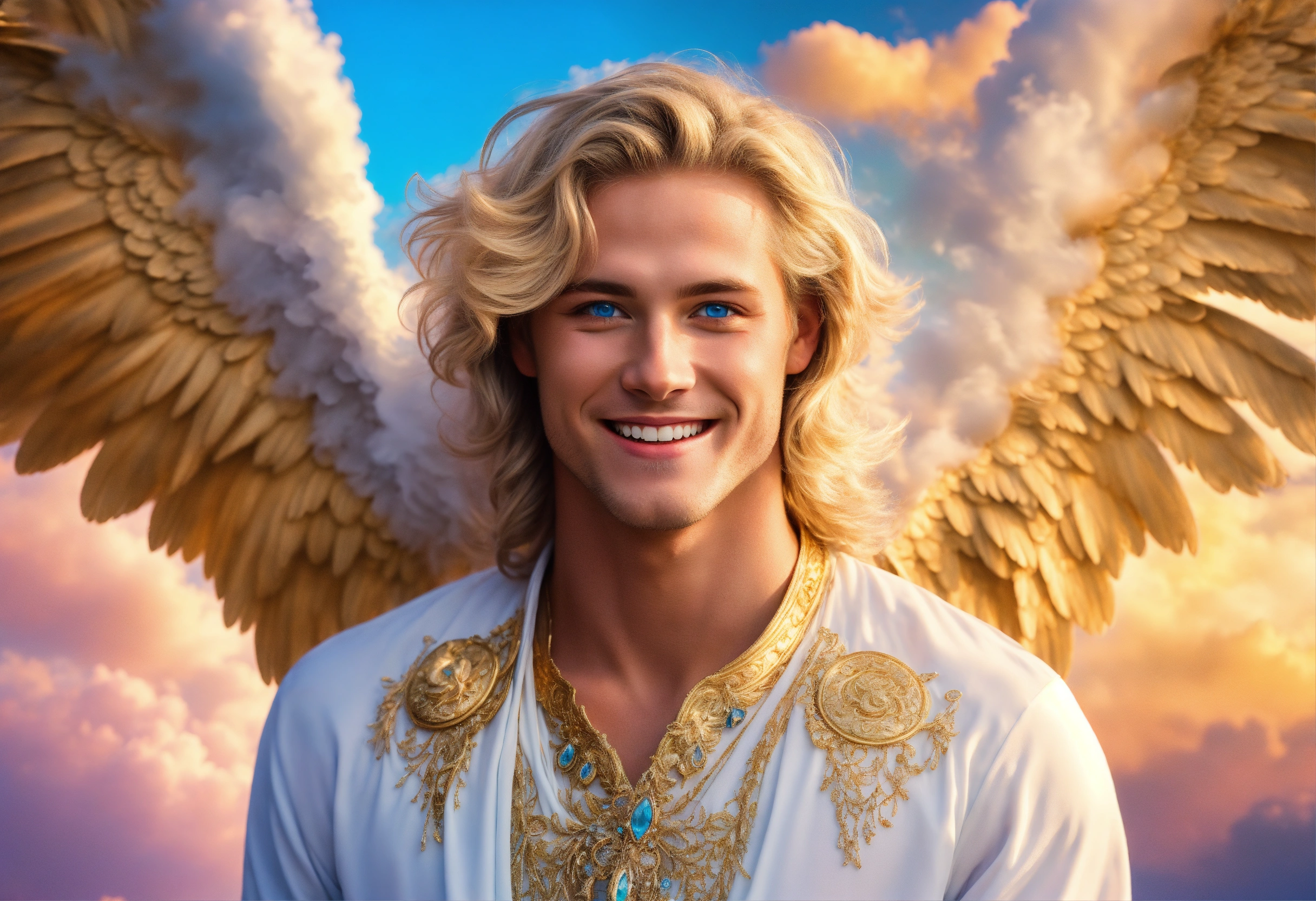Lexica - Angel man blond blue eyes, large angel wings, fantasy clothes ...