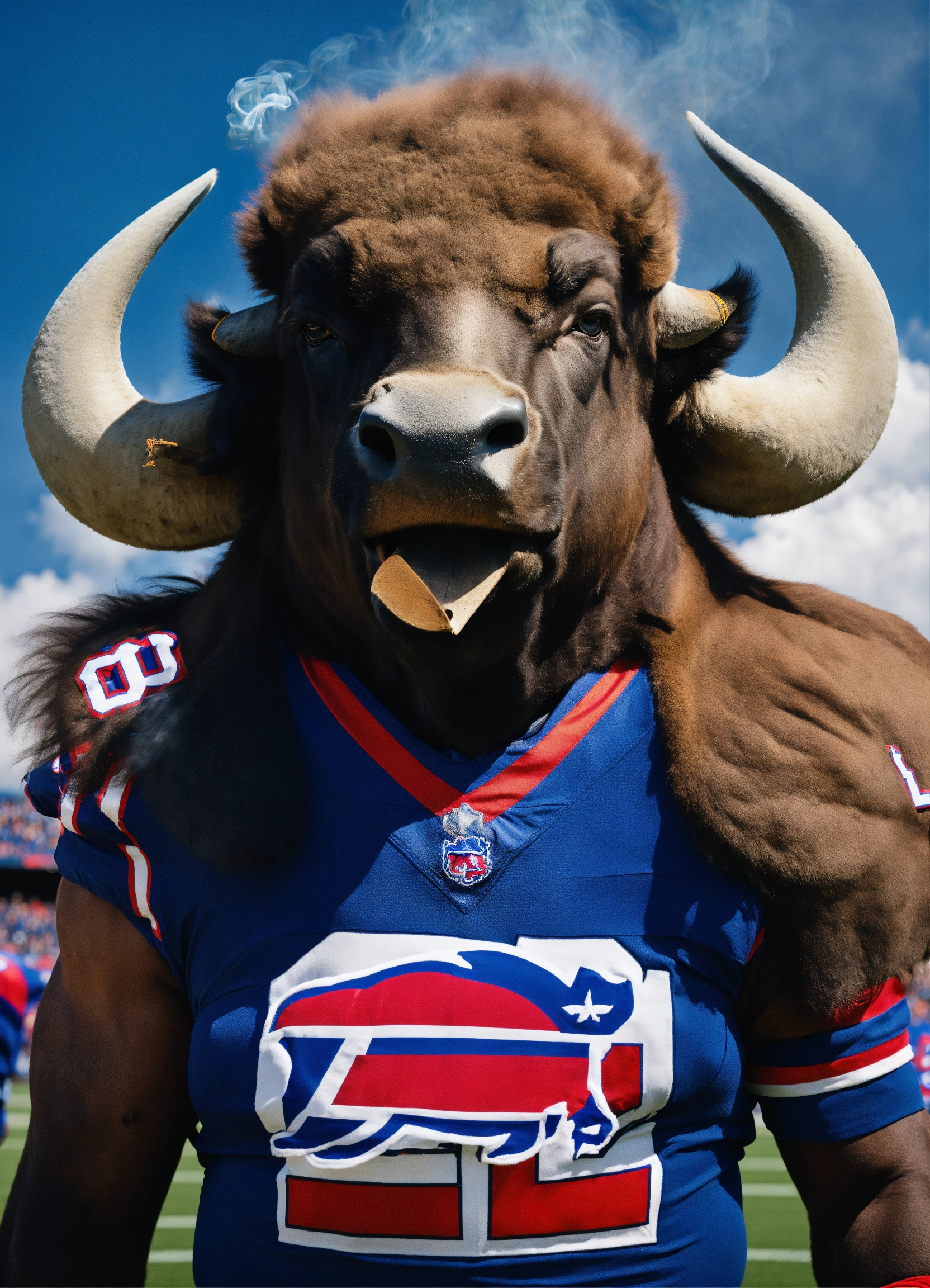 Lexica - Big buffalo wearing buffalo bills uniform holding a buffalo ...