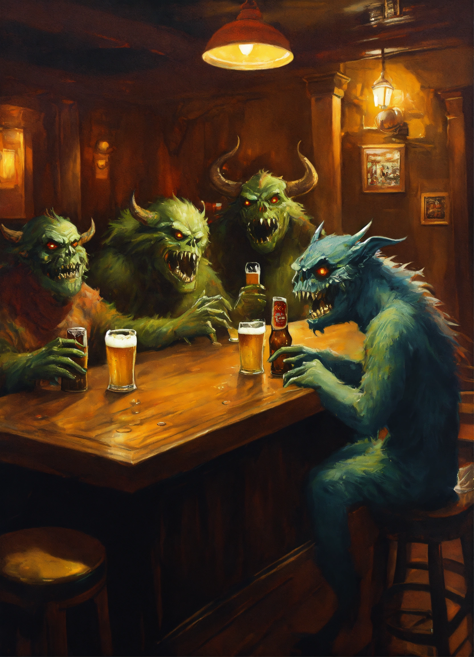 Lexica - Painting of monsters drinking beer at a bar. Greg Rutkowski ...