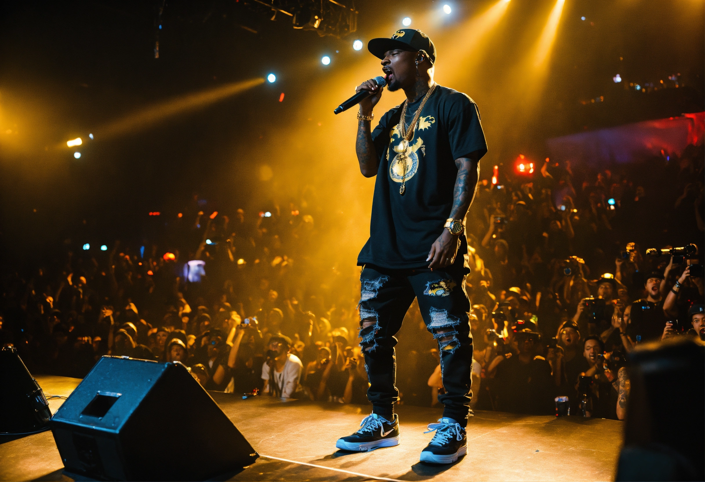 Lexica - Full body shot black battle rapper "Daylyt" eapping on stage ...