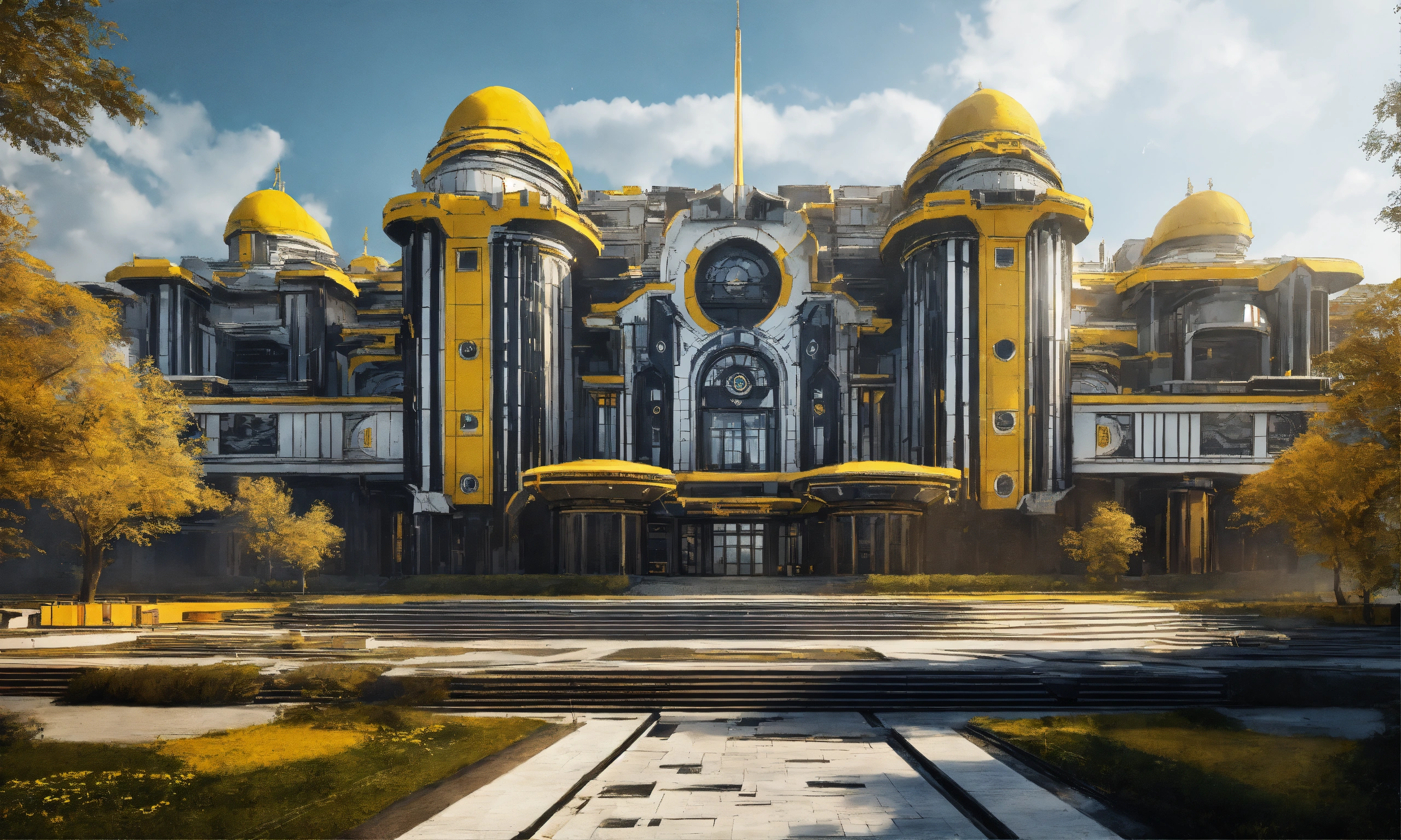 Lexica - Full image of a massive sci fi palace with black, white and yellow designs, Bulgarian ...