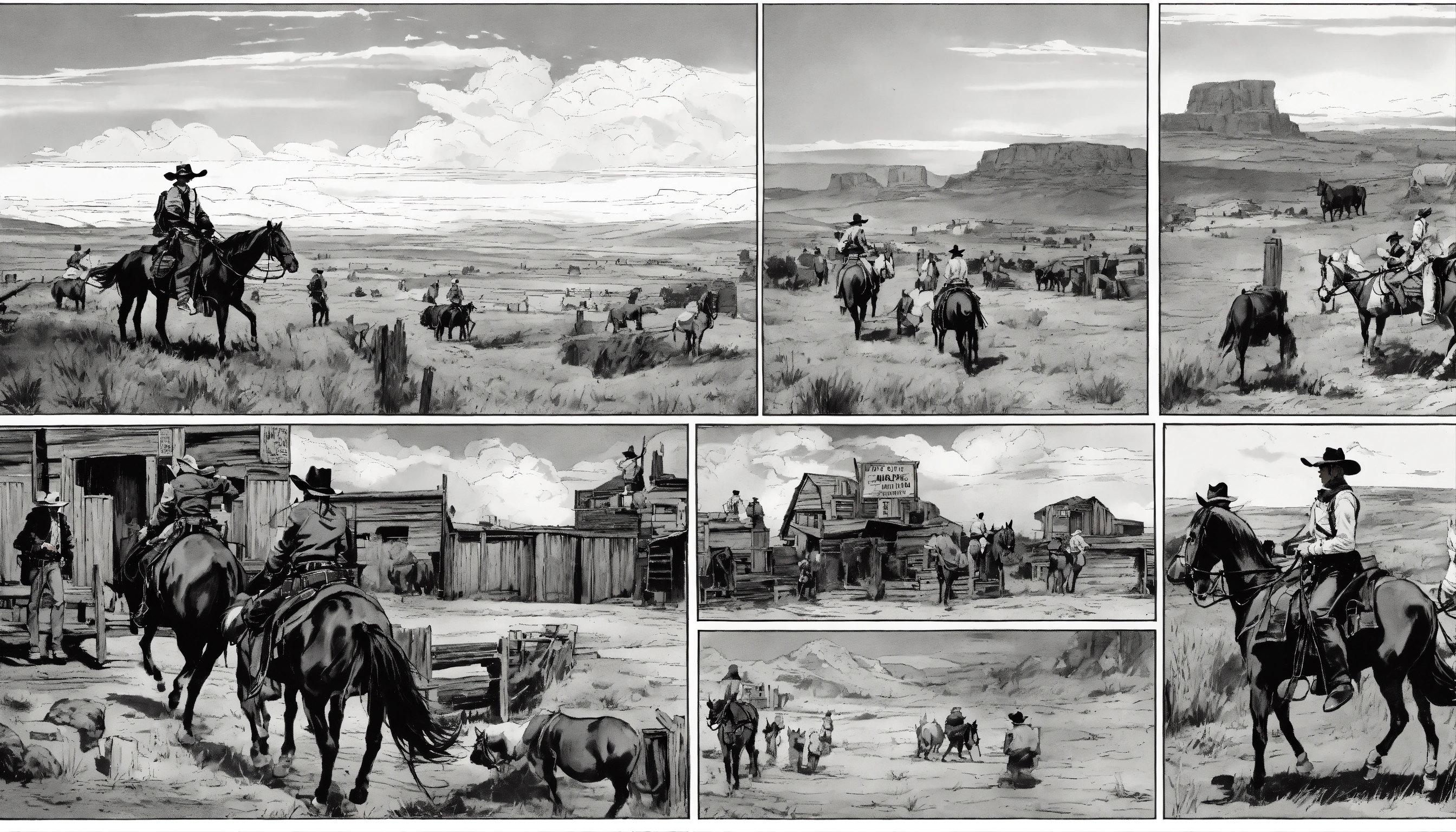 Lexica - A classic far west comic page vignettes , cowboys , black white