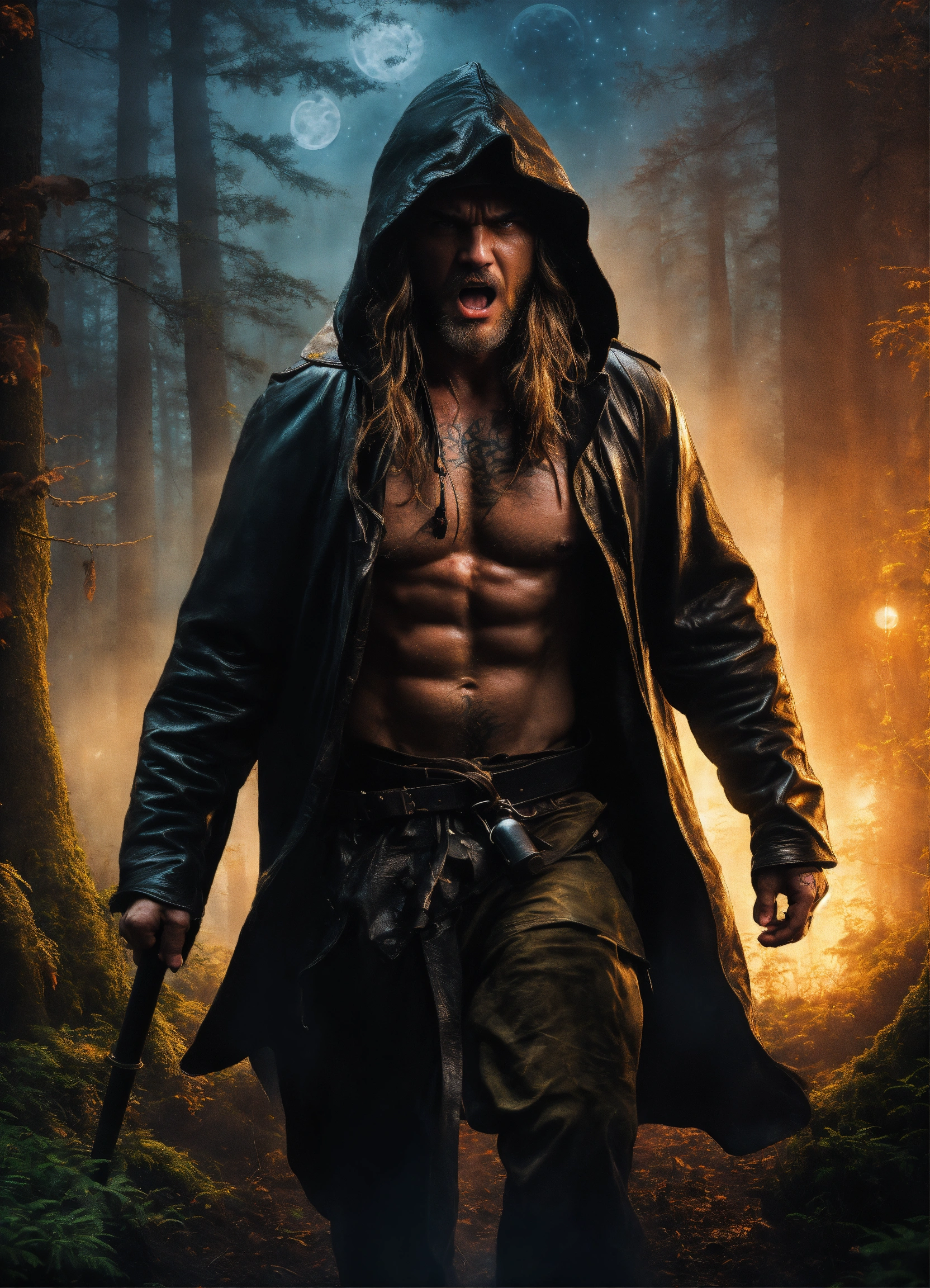 Lexica - In the style of an action movie poster, a thin shirtless hairy ...