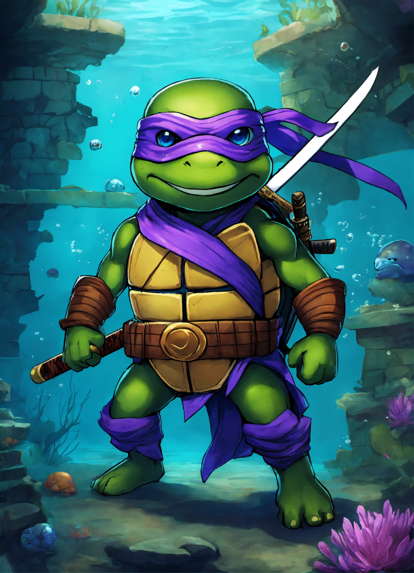 Lexica - A chibi ninja turtle with a purple eye band and katana in ...