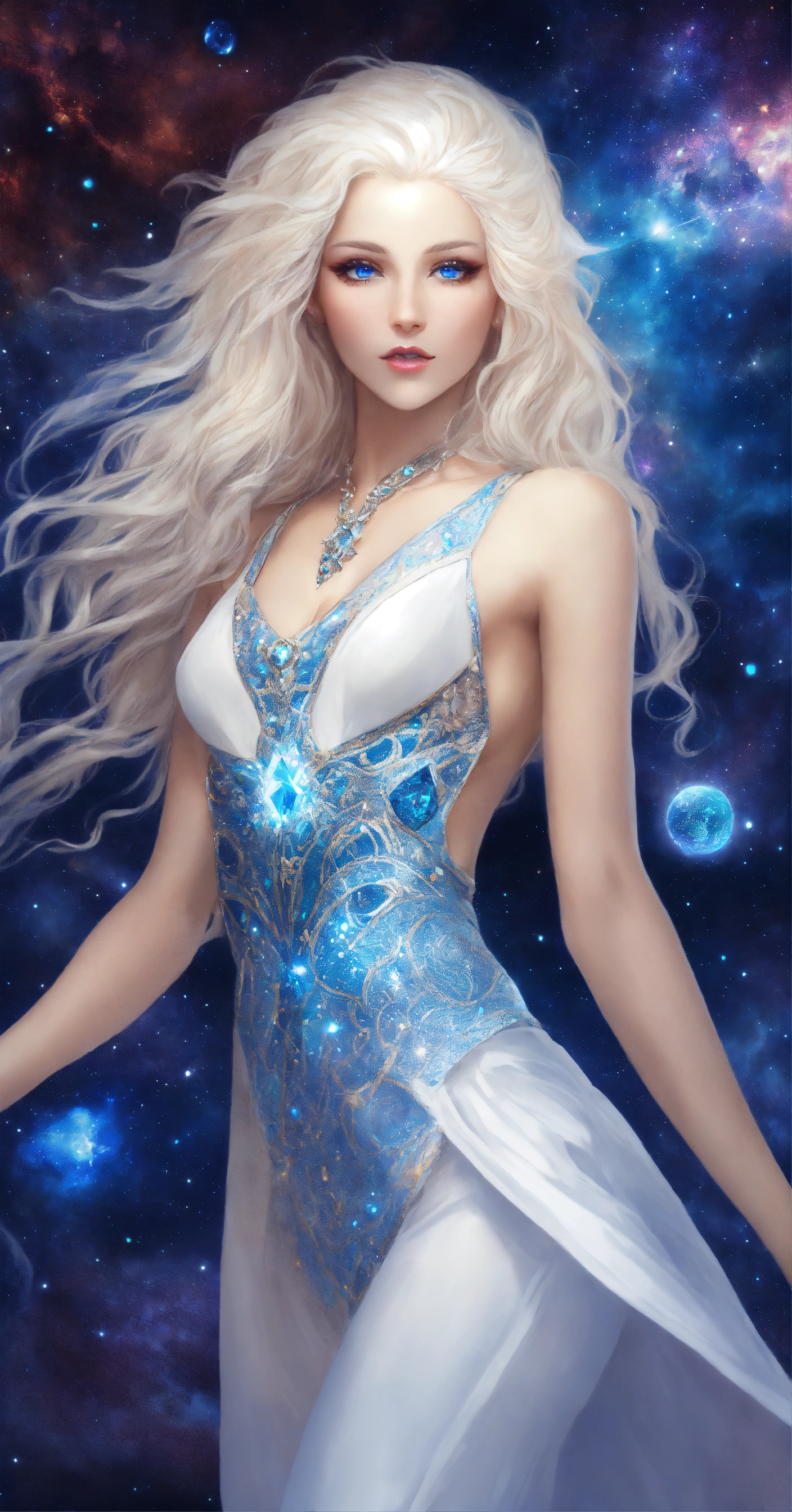 Lexica - Beautiful cosmic femme with crystal blue eyes, white skin and white blond hair cosmic ...