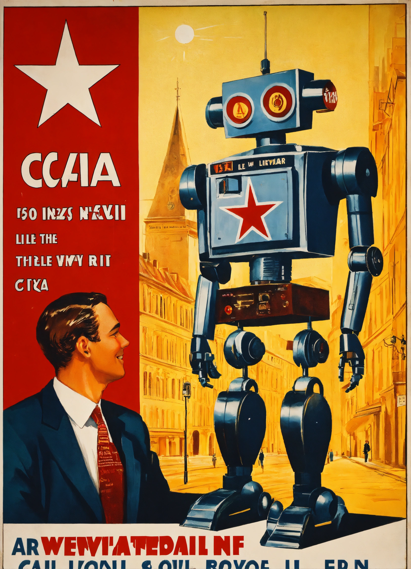 Lexica - Old movie poster of a robot with a smiling CIA analyst man ...