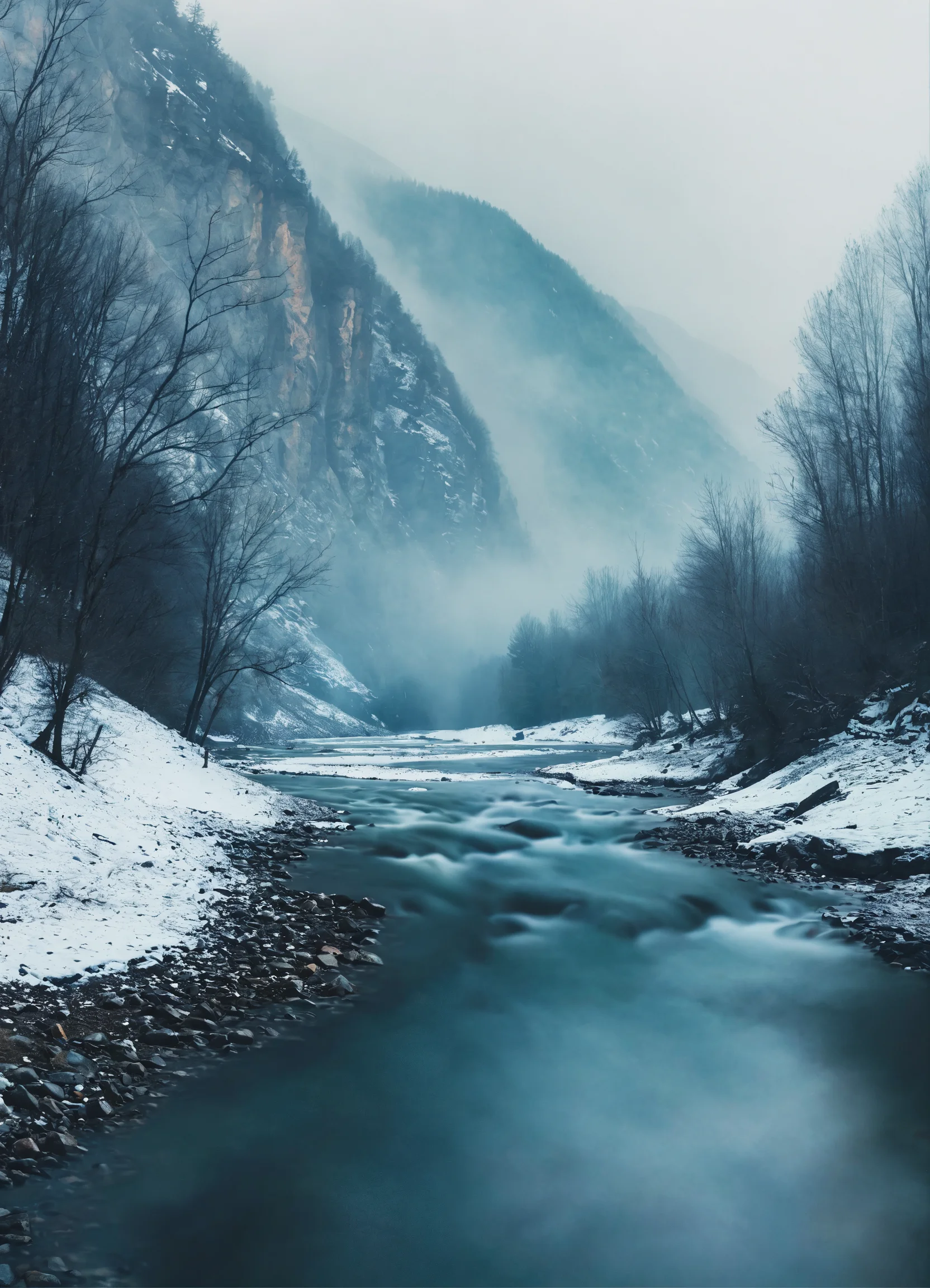 Lexica - Mountain river. Snow. fog. view from afar. realistic photography.