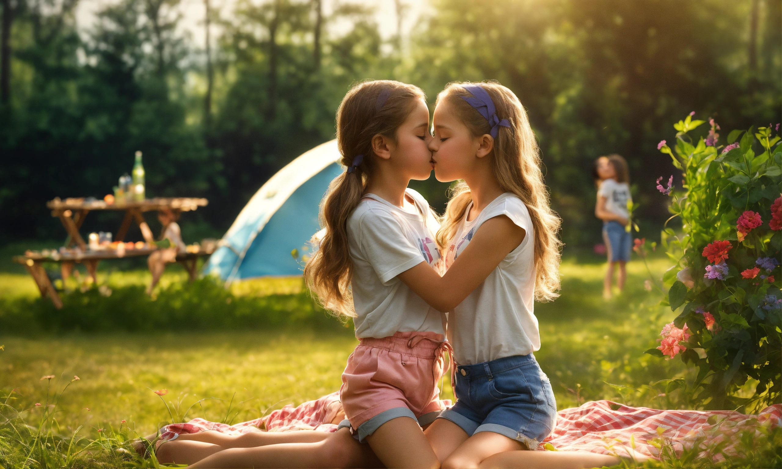 Lexica - Two 10-year-old sisters hug and kiss each other during a garden picnic at summer camp ...