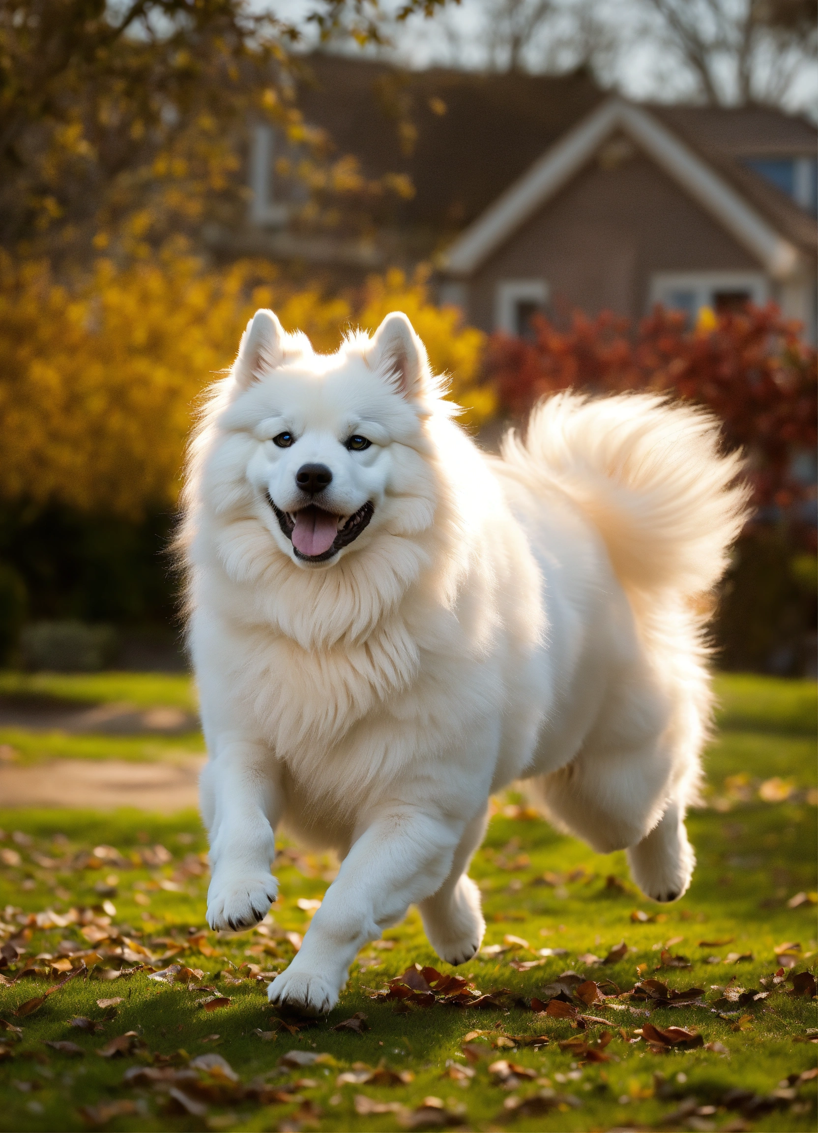 Lexica - A Samoyed dog jumping, playing, with lots of detail and ...