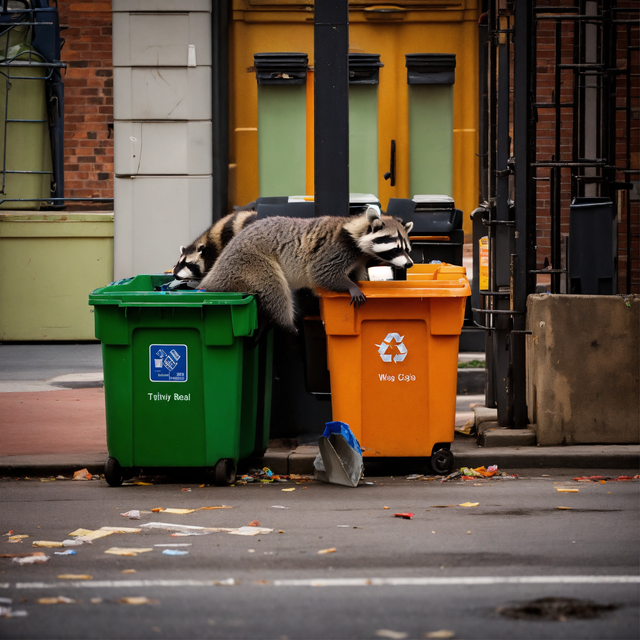 Lexica - A photograph of a raccoon digging through recycling bins on a ...