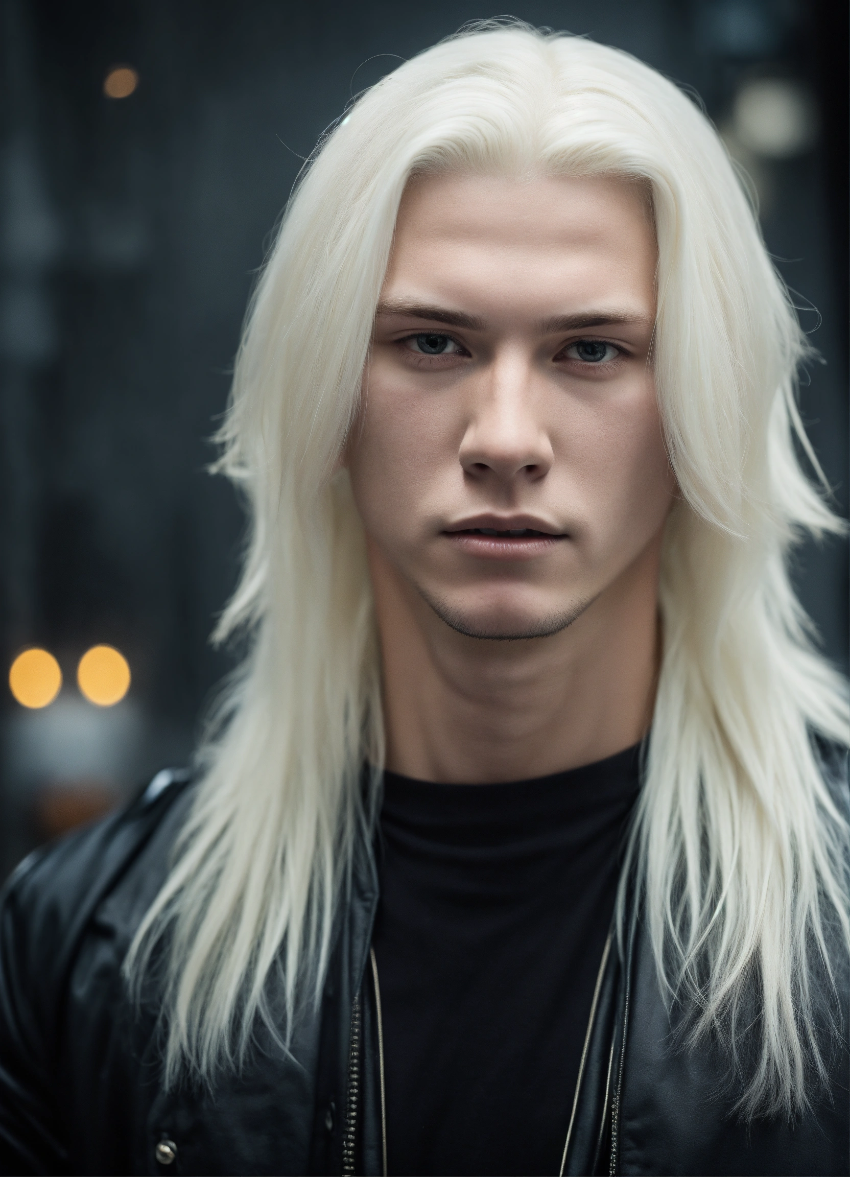 Lexica - Gorgeous albino adult male with white shoulder-length hair ...