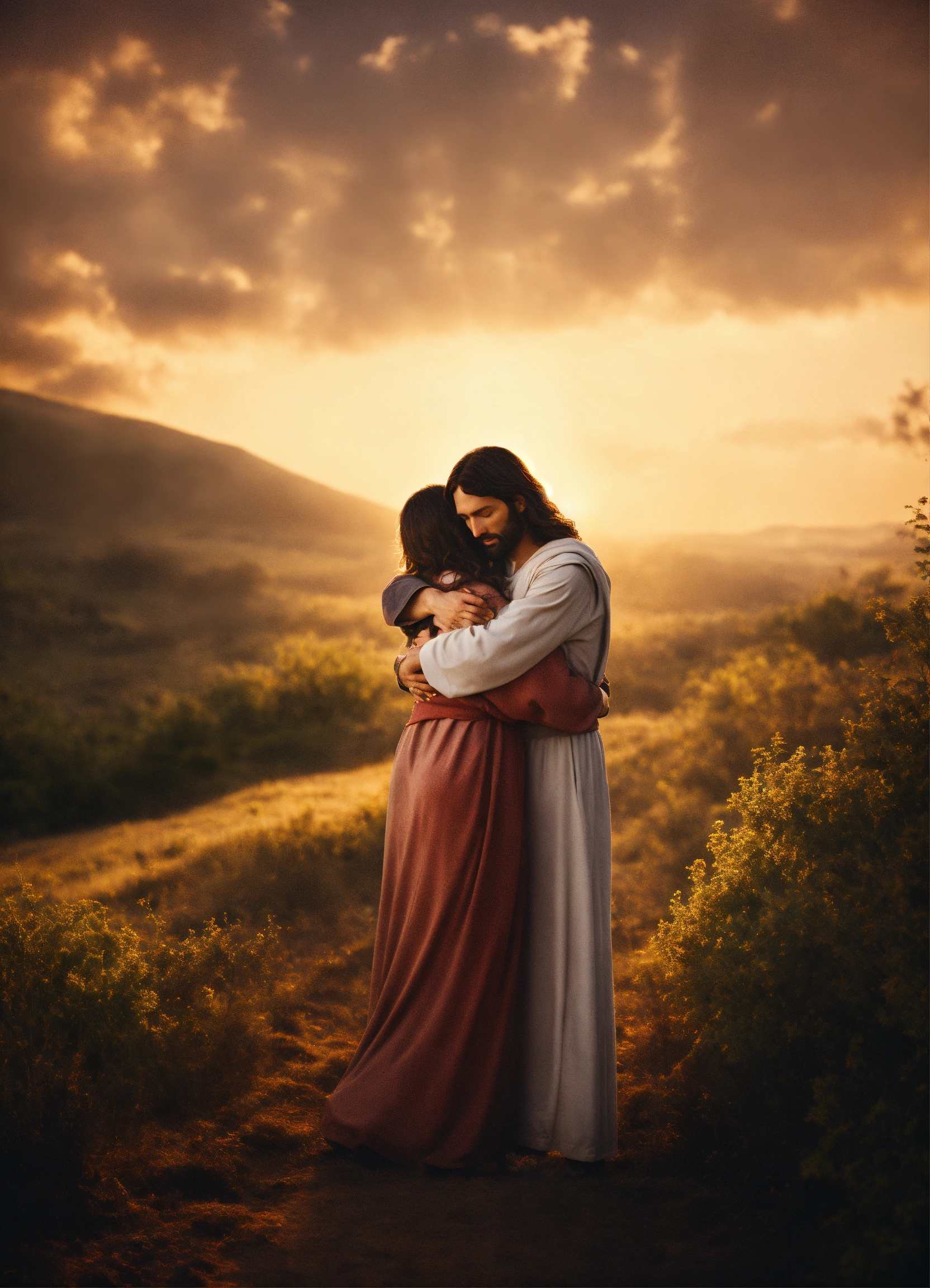 Lexica - Jesus hugging a woman, realistic, cinematic, backlight