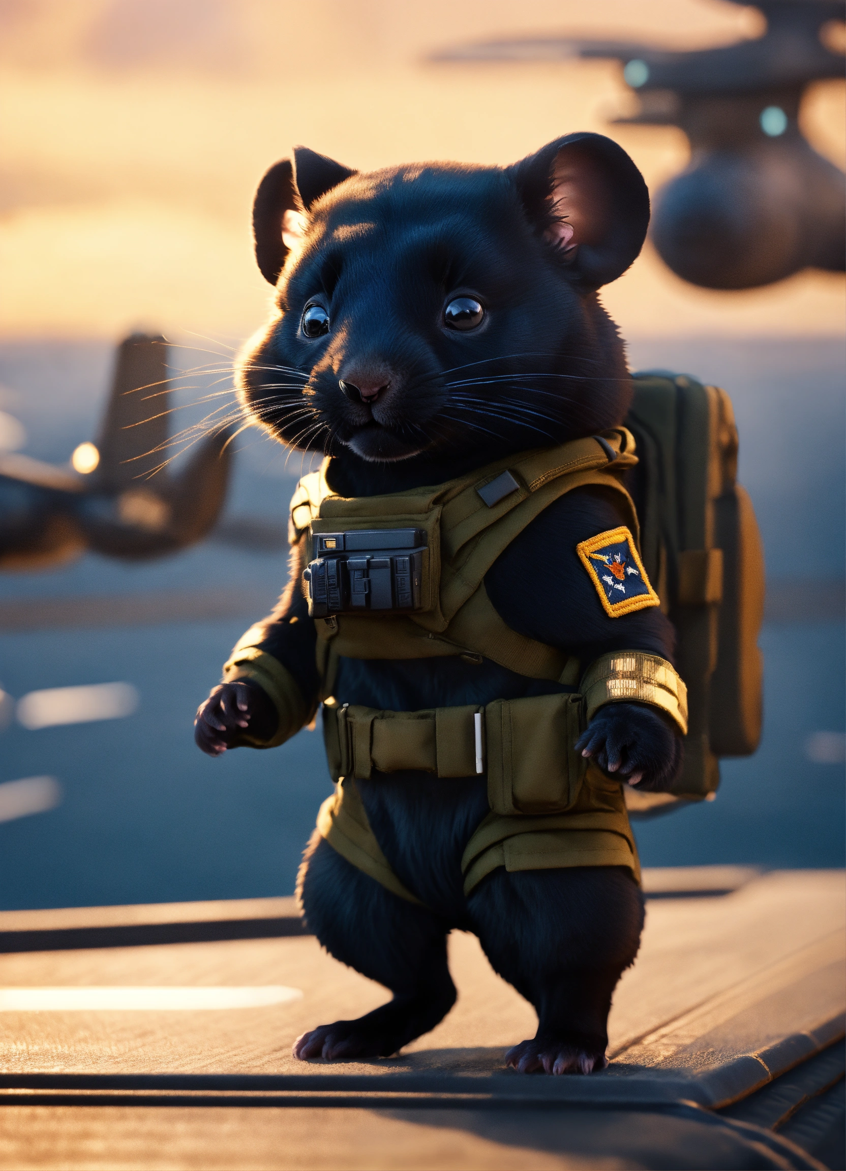 Lexica - A cute black panther hamster pilot walking on a military ...