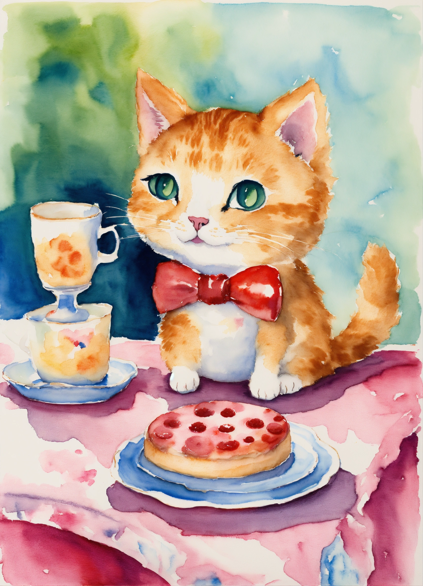 Lexica - Happy cat eating jammy dodger at a tea party , water-colour