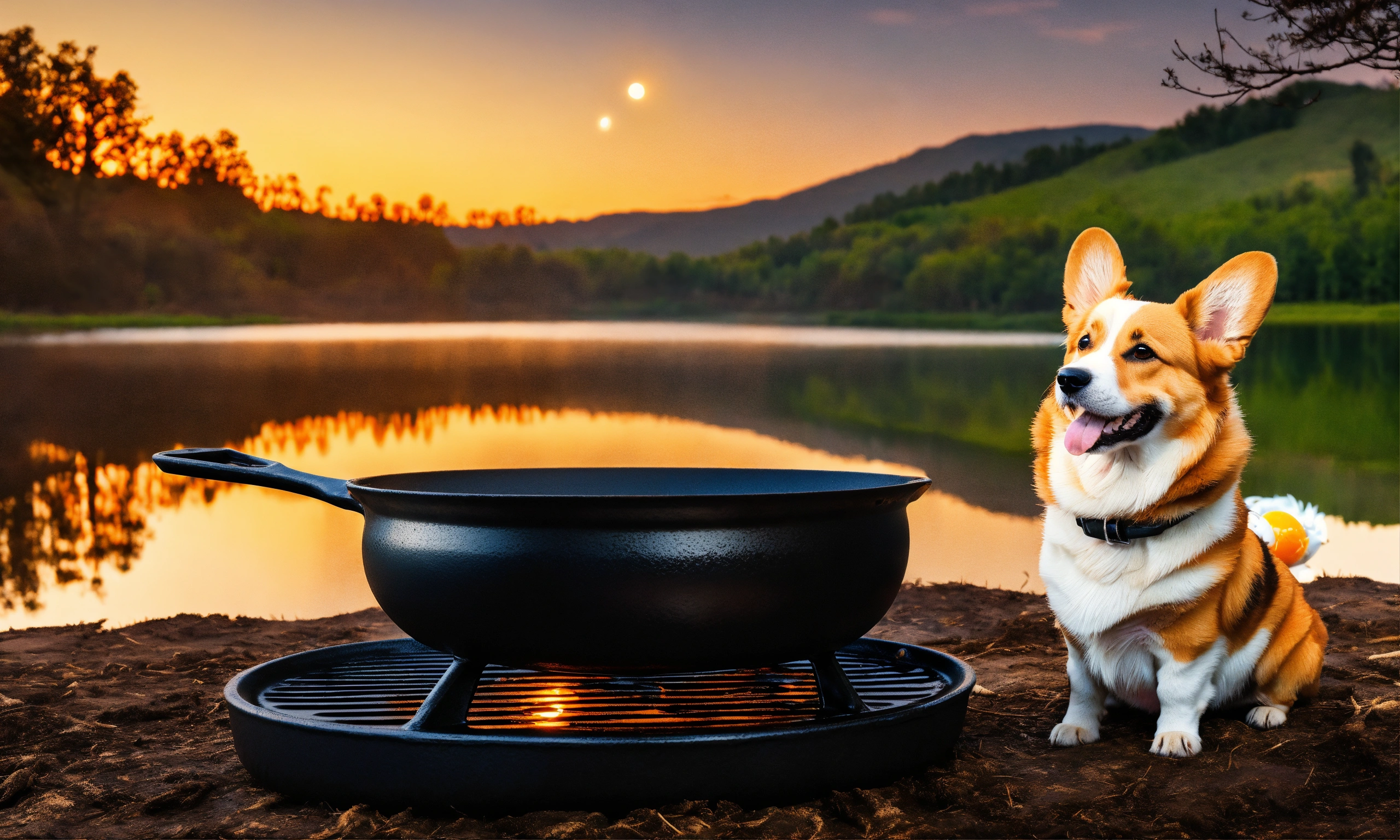 Lexica - Image of 2 corgi dogs frying a giant egg in a giant cast iron ...