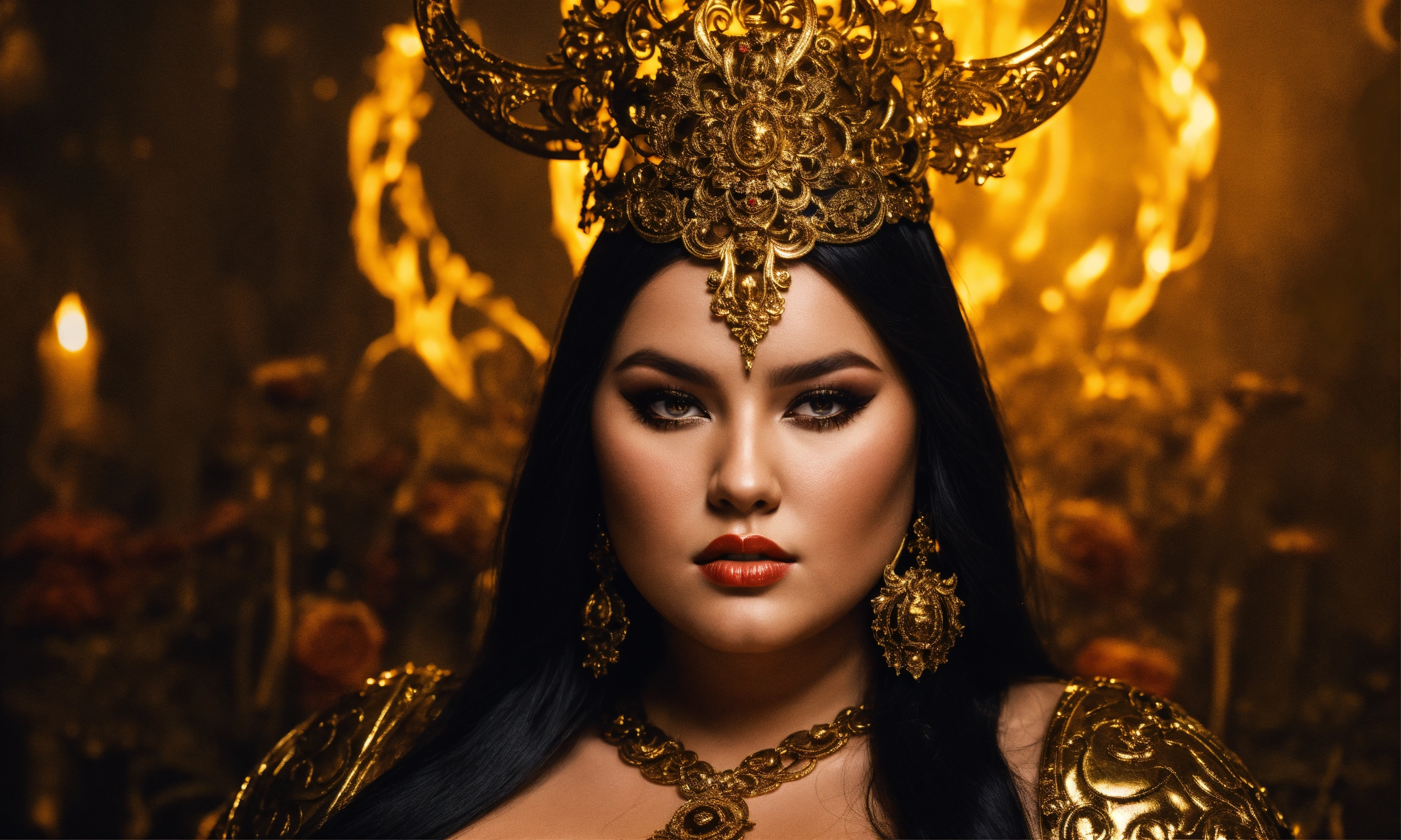 Lexica - Plus-size model hell goddess, black gold background