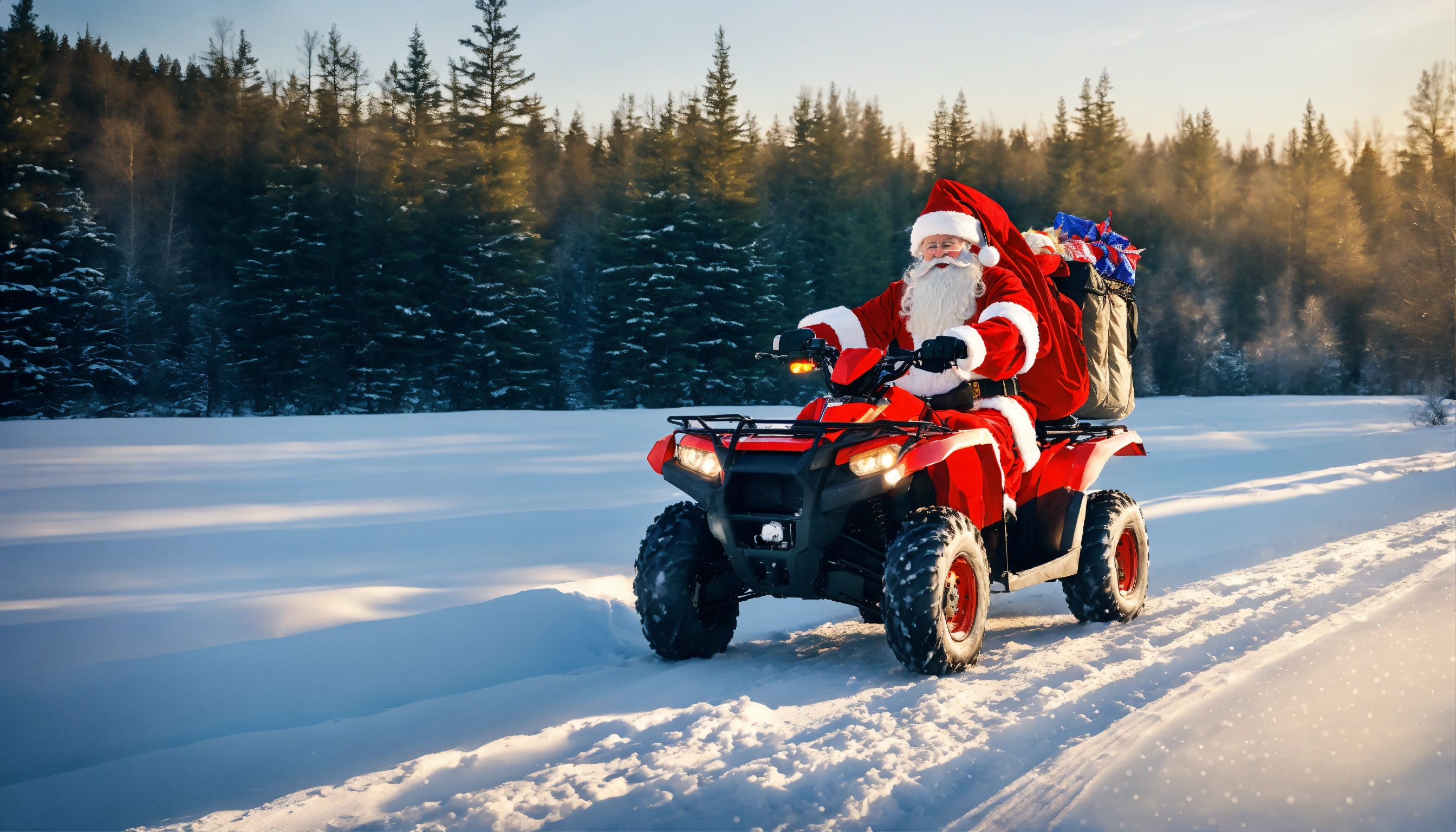 Lexica - Santa Claus with big sack bag rides along a snowy road on an ...