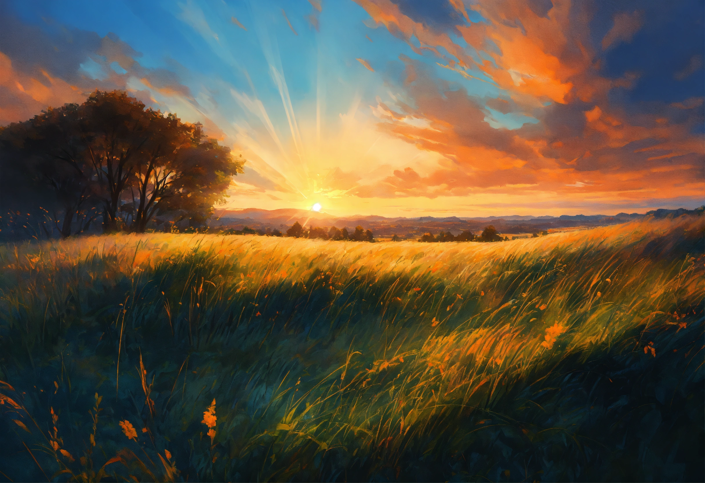 Lexica - View from the ground of a grassy landscape at sunset, light ...