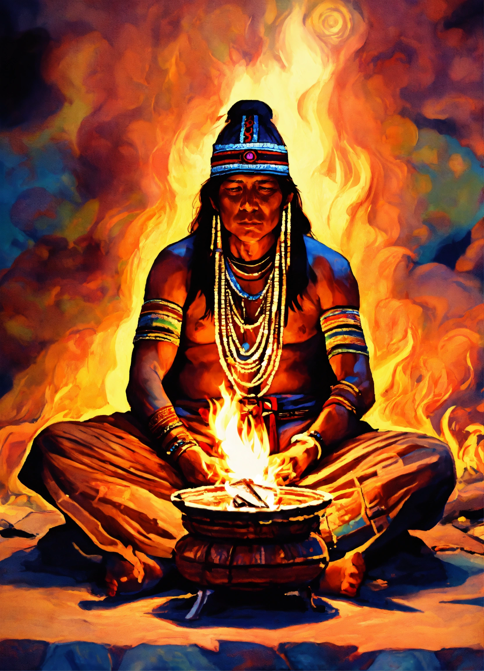 Lexica - Drawing shaman from peru sitted in front of fire, watching us ...