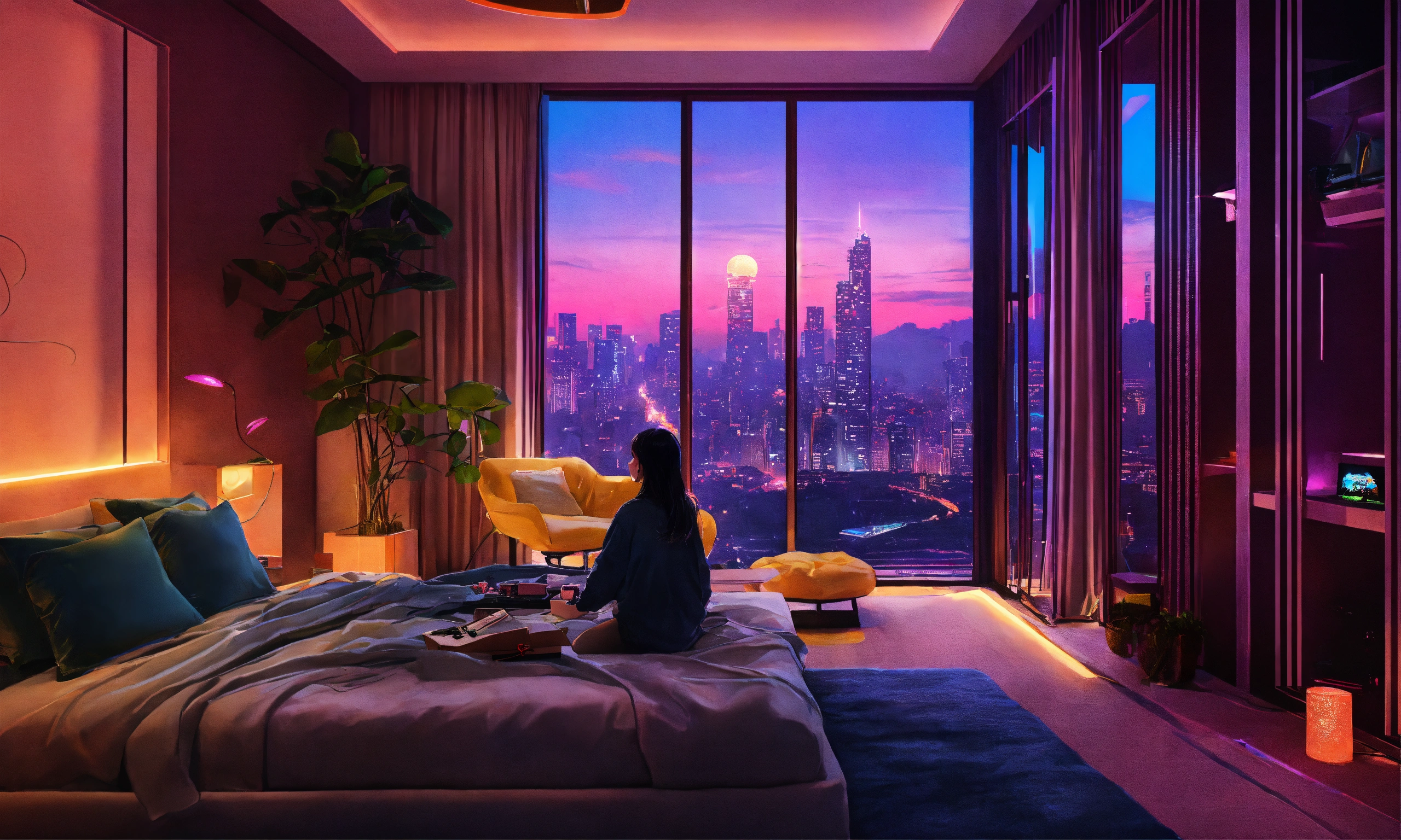 Lexica - A beauty is playing games on PS5 in her bed room。 Neon lights ...