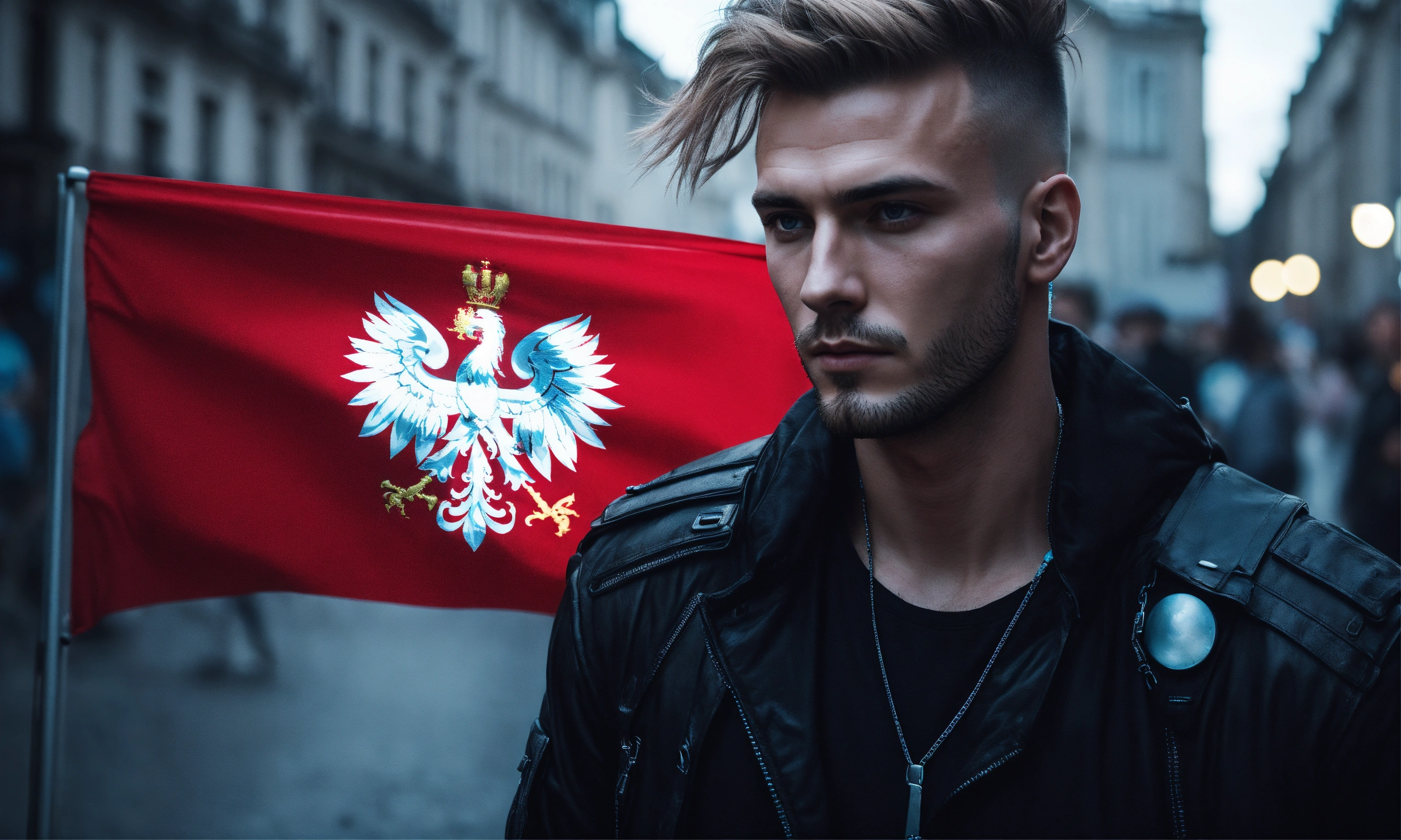 Lexica - Futuristic cyberpunk image of a beautiful man with Poland Flag ...